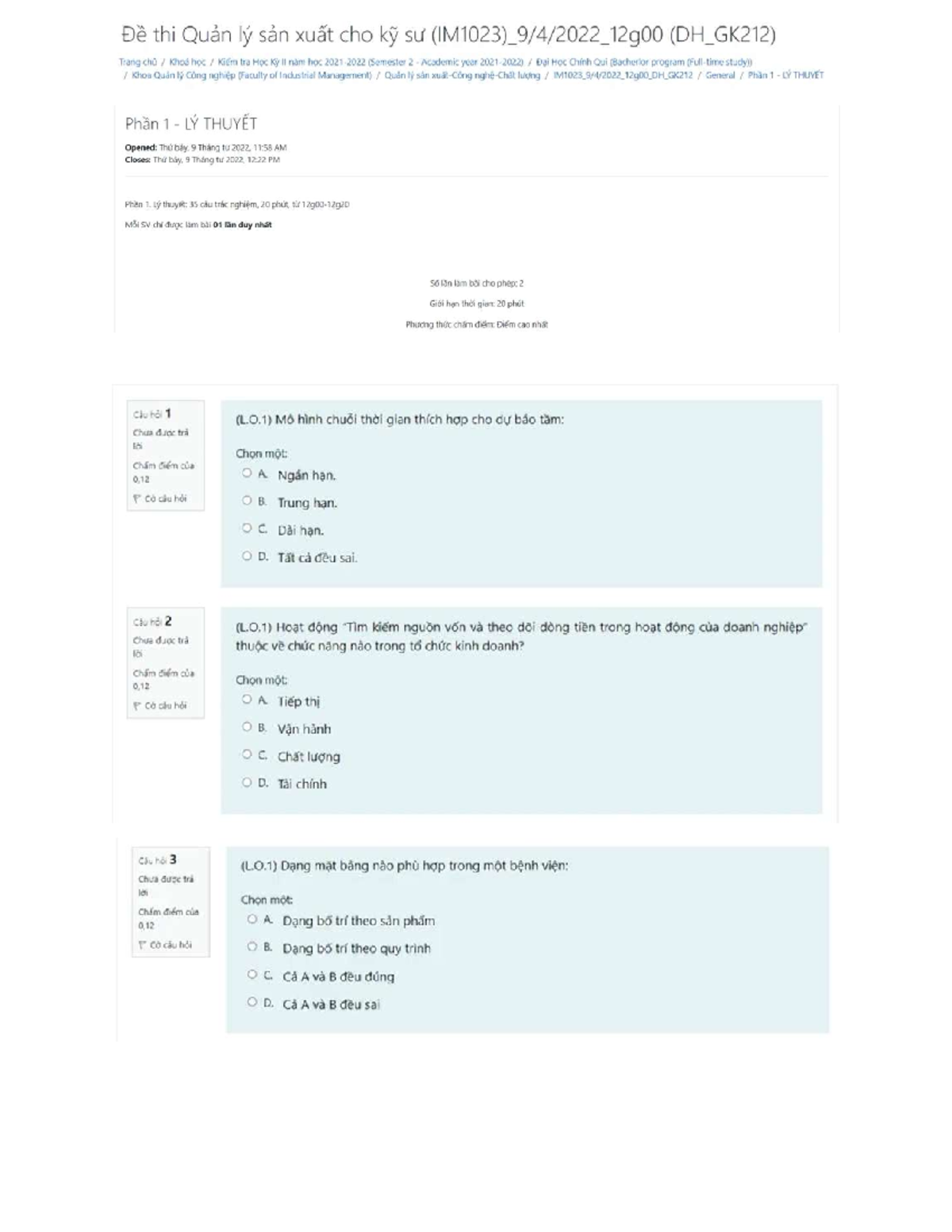 Qlsx mid212 - đề thư gk qlsx có đáp án pro max - Quản lý Công nghiệp - Studocu