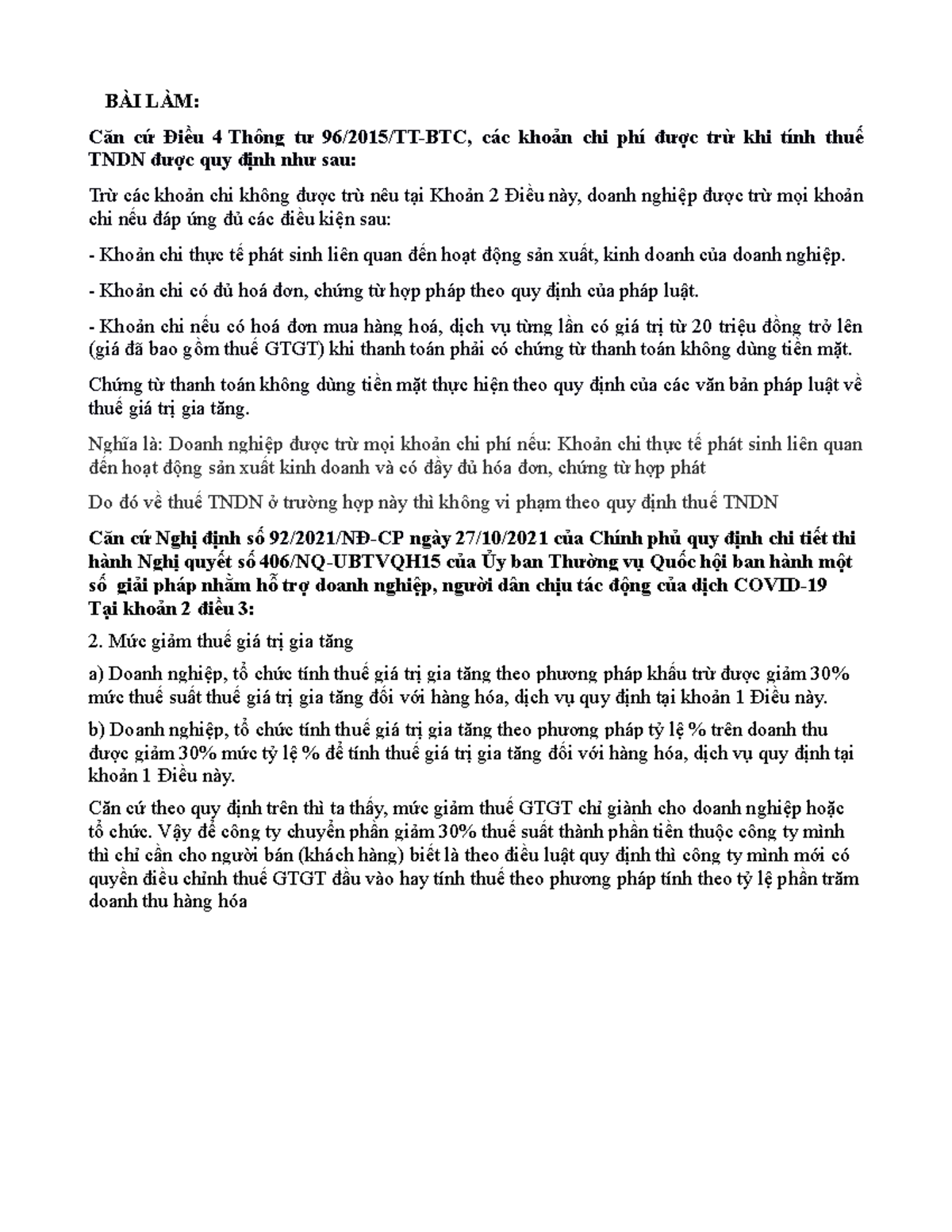 BT LMS thuế - bt thuế lms - BÀI LÀM: Căn cứ Điều 4 Thông tư 96/2015/TT-BTC, các khoản chi phí ...