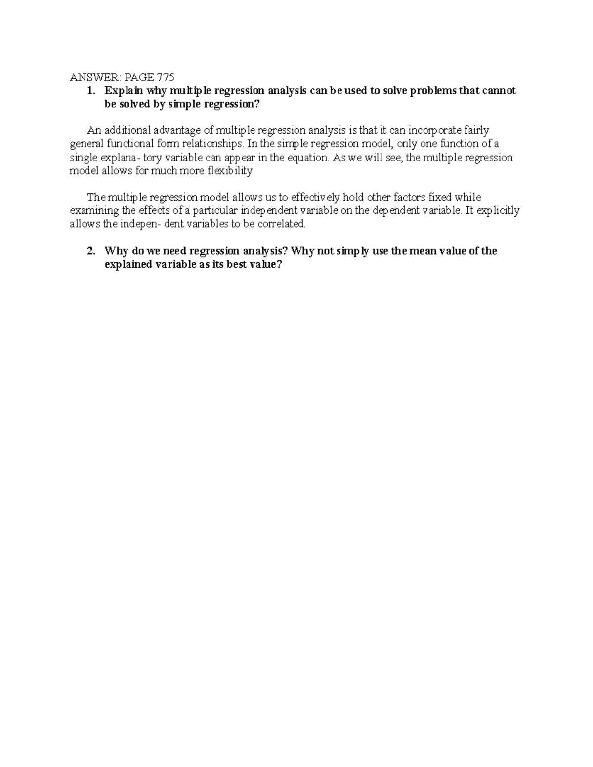 Answer - tựluaanj - ANSWER: PAGE 775 Explain why multiple regression analysis can be used to ...