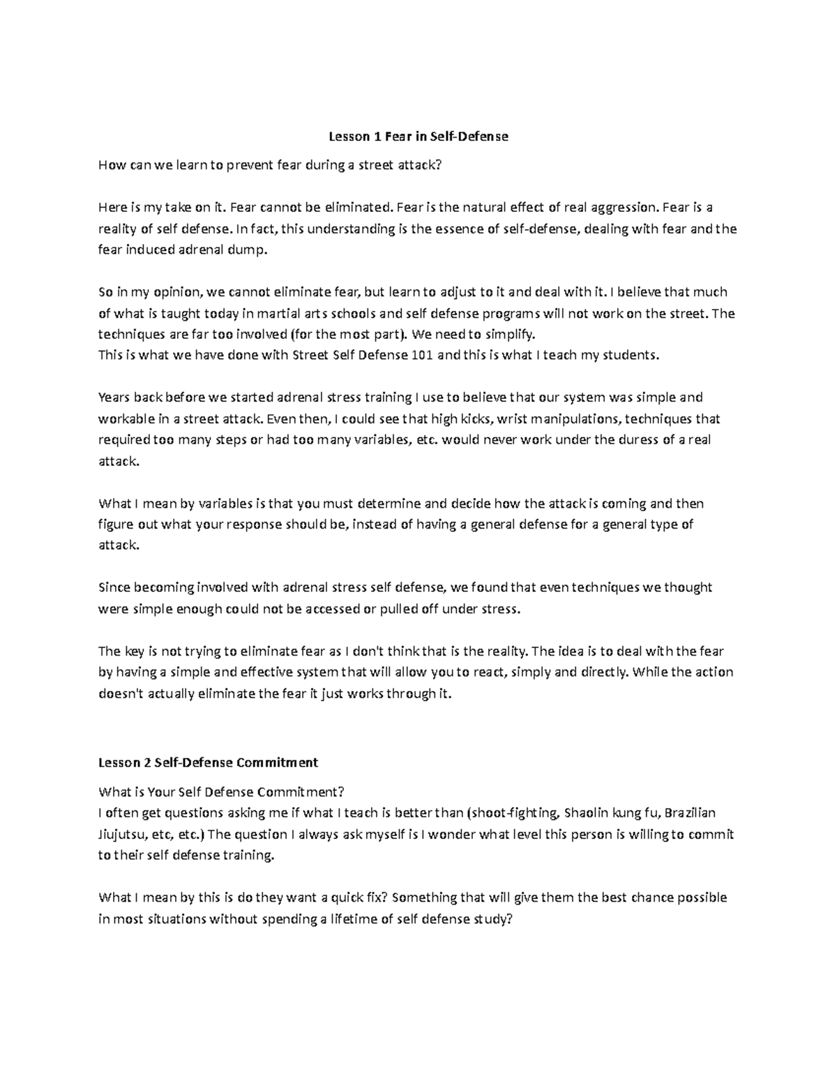 Self Defense - SDSS - Lesson 1 Fear in Self-Defense How can we learn to ...