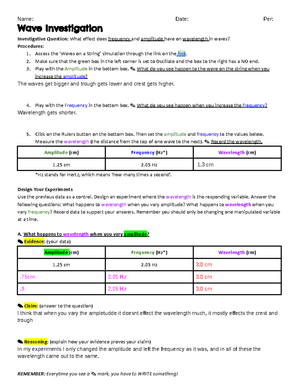 waves on a string lab answers - Name: Date: Per: Wave Investigation ...