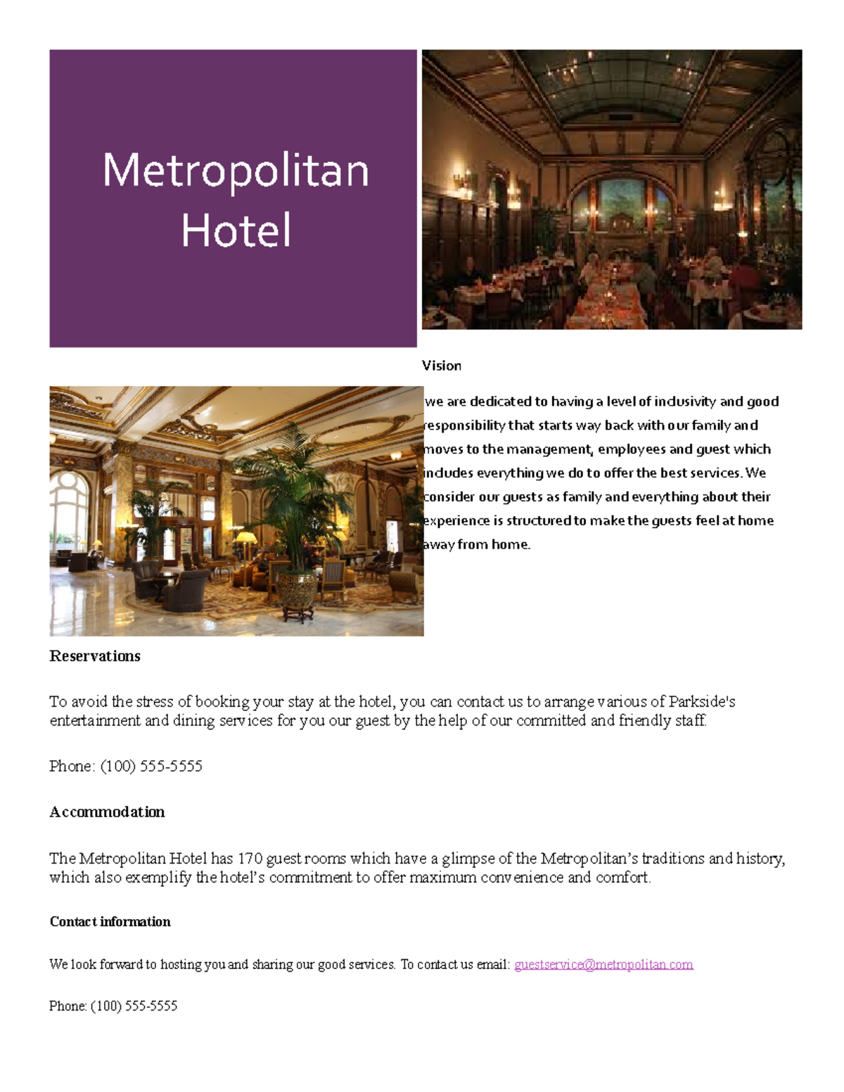 Metropolitan Hotel - Metropolitan Hotel Vision we are dedicated to ...