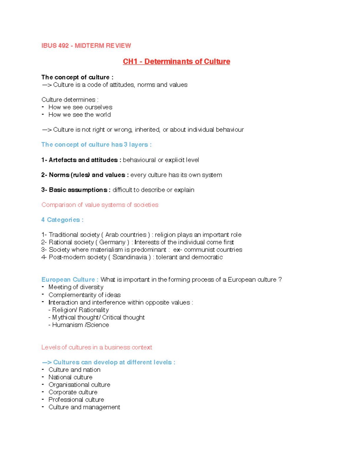 Midterm Review IBUS492 pdf - IBUS 492 - MIDTERM REVIEW CH1 - Determinants of Culture The concept ...