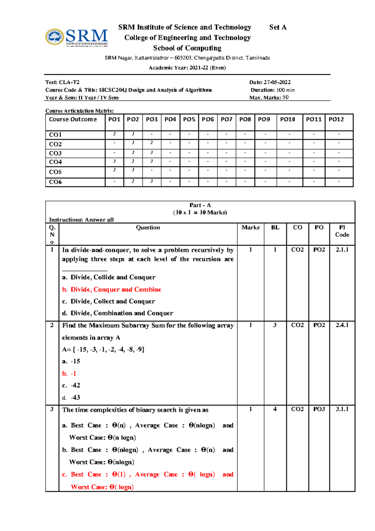 4 Ct2 A Answer Key Ct2 Pyq Srm Institute Of Science And Technology Set A College Of