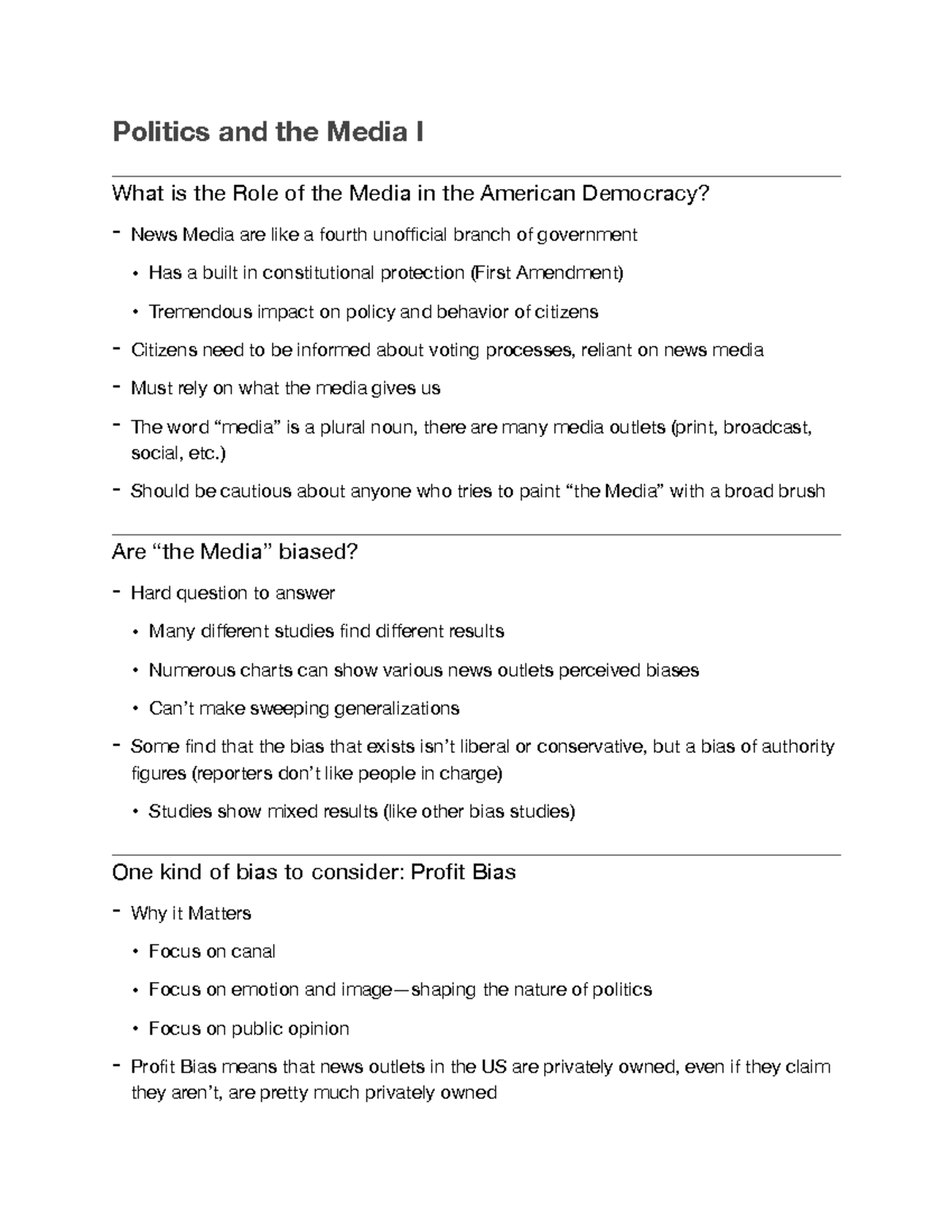 Politics and the Media 1 Notes - Politics and the Media I What is the ...