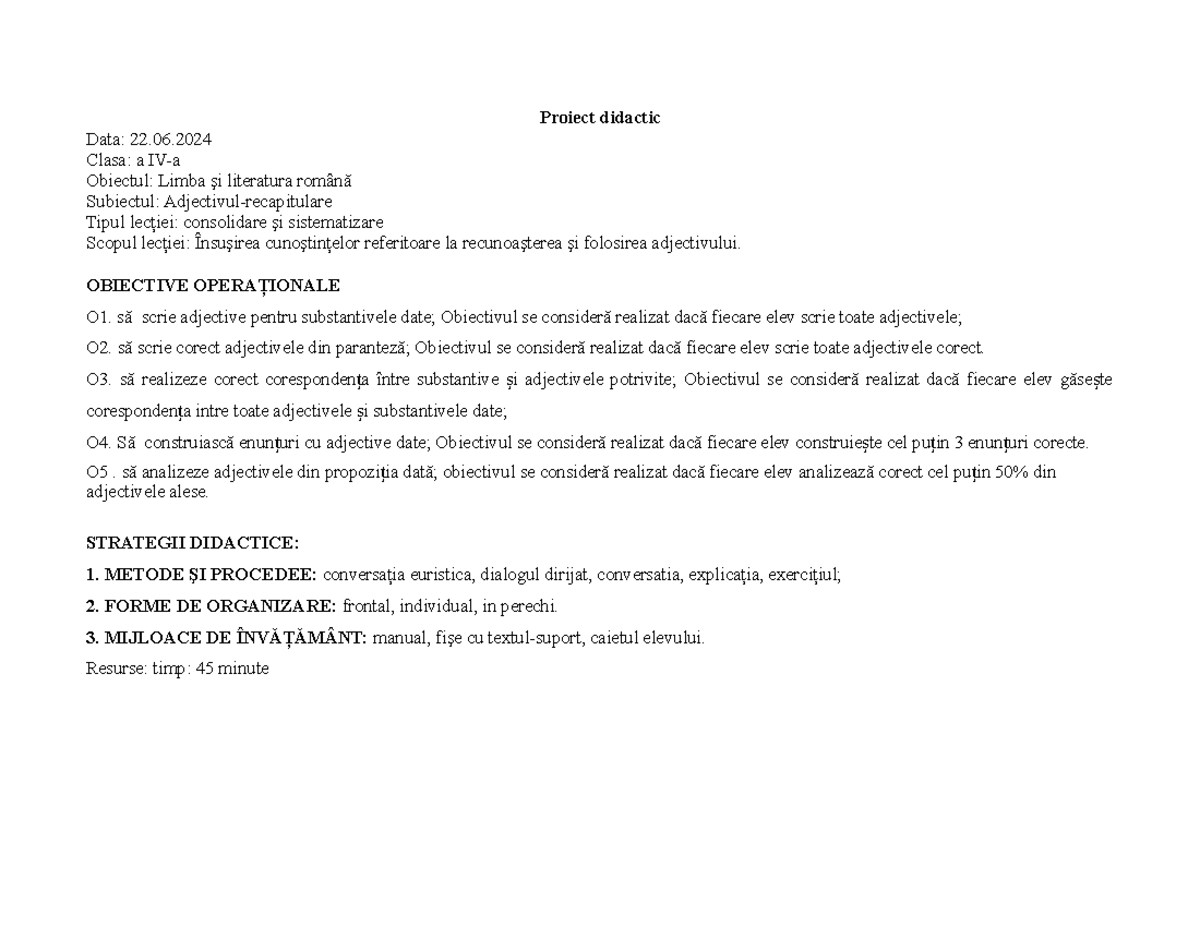 Parte de vorbire adjectiv - Proiect didactic - Proiect didactic Data ...