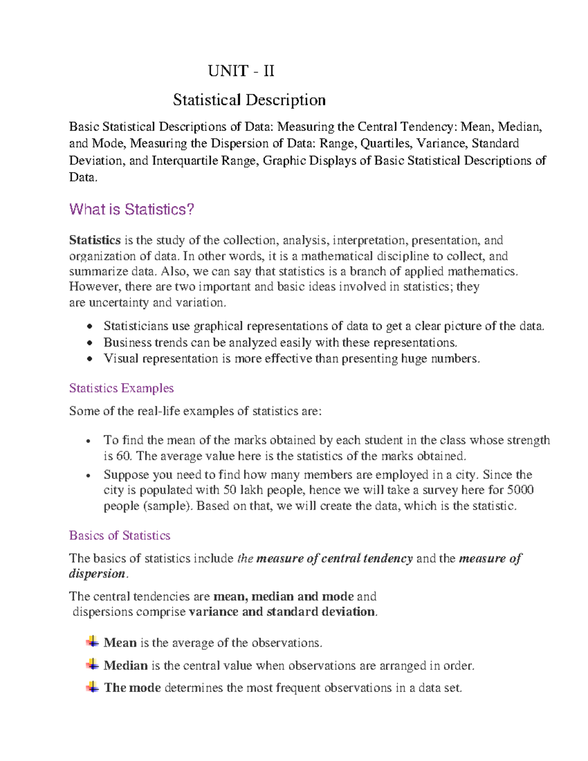 Statistical description f U2 - UNIT - II Statistical Description Basic Statistical Descriptions ...