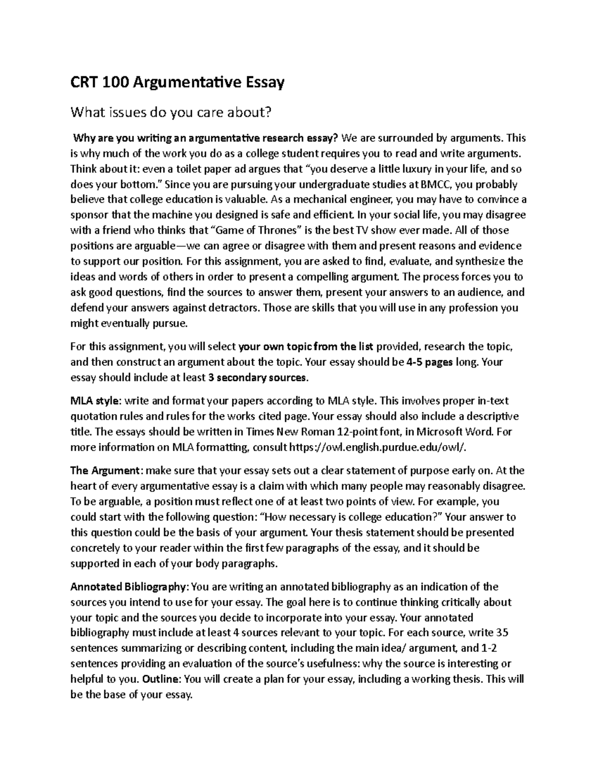 CRT 100 Argumentative Essay Assignment - CRT 100 Argumentative Essay ...