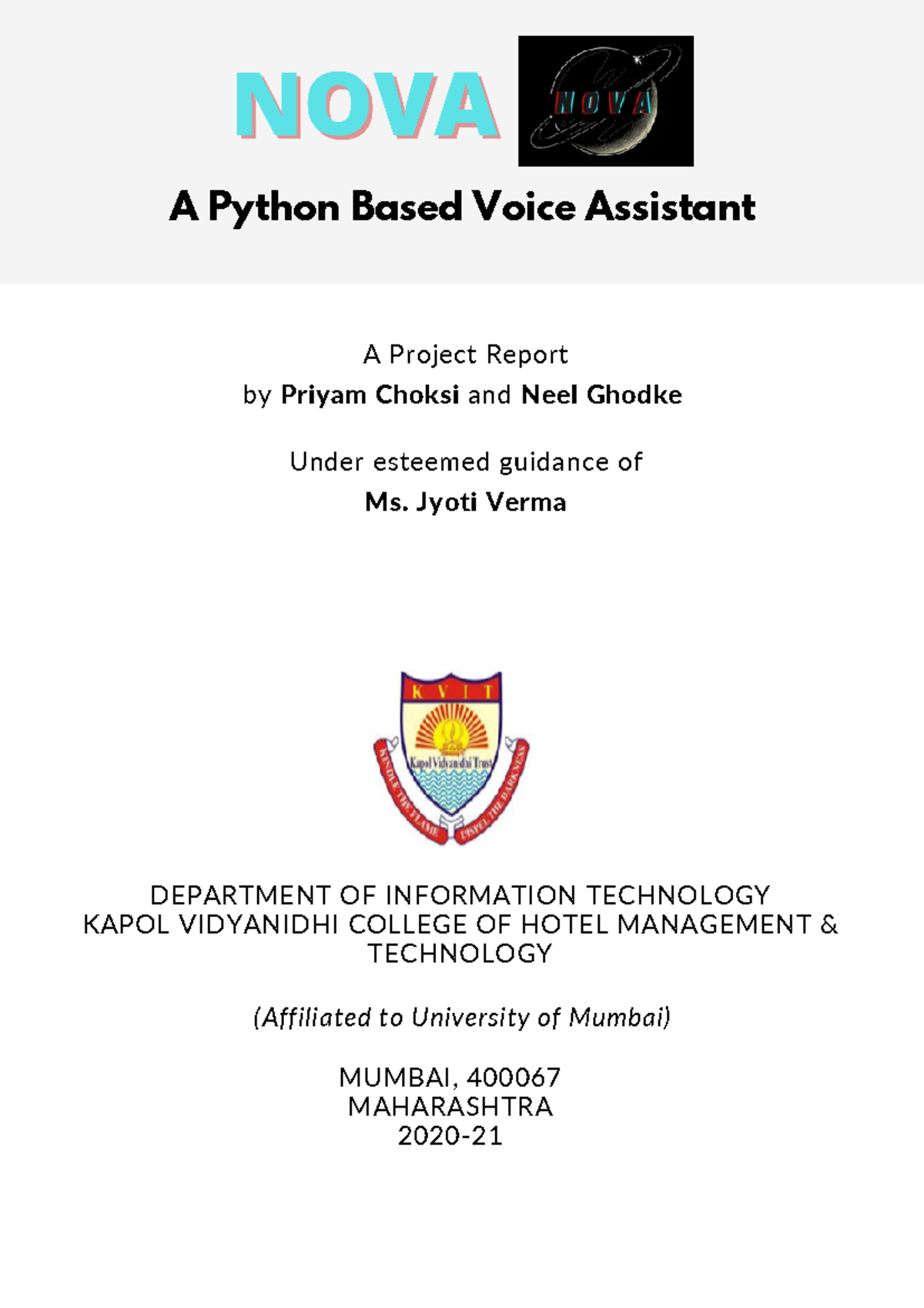 572819846 Third Year Project Nova by Priyam Choksi and Neel Ghodke - A ...