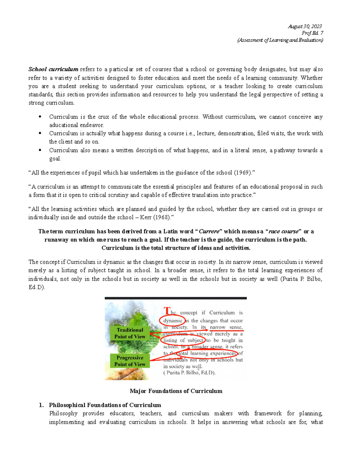 Assessment of Learning and Evaluation - August 30, 2023 Prof. 7 ...