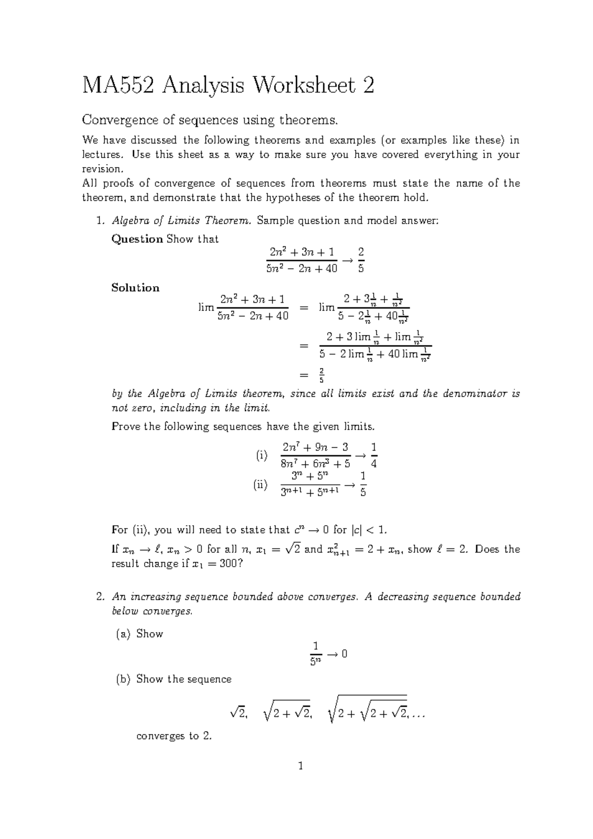 MA552 2010-2011 Worksheet 2 - MA552 Analysis Worksheet 2 Convergence of ...