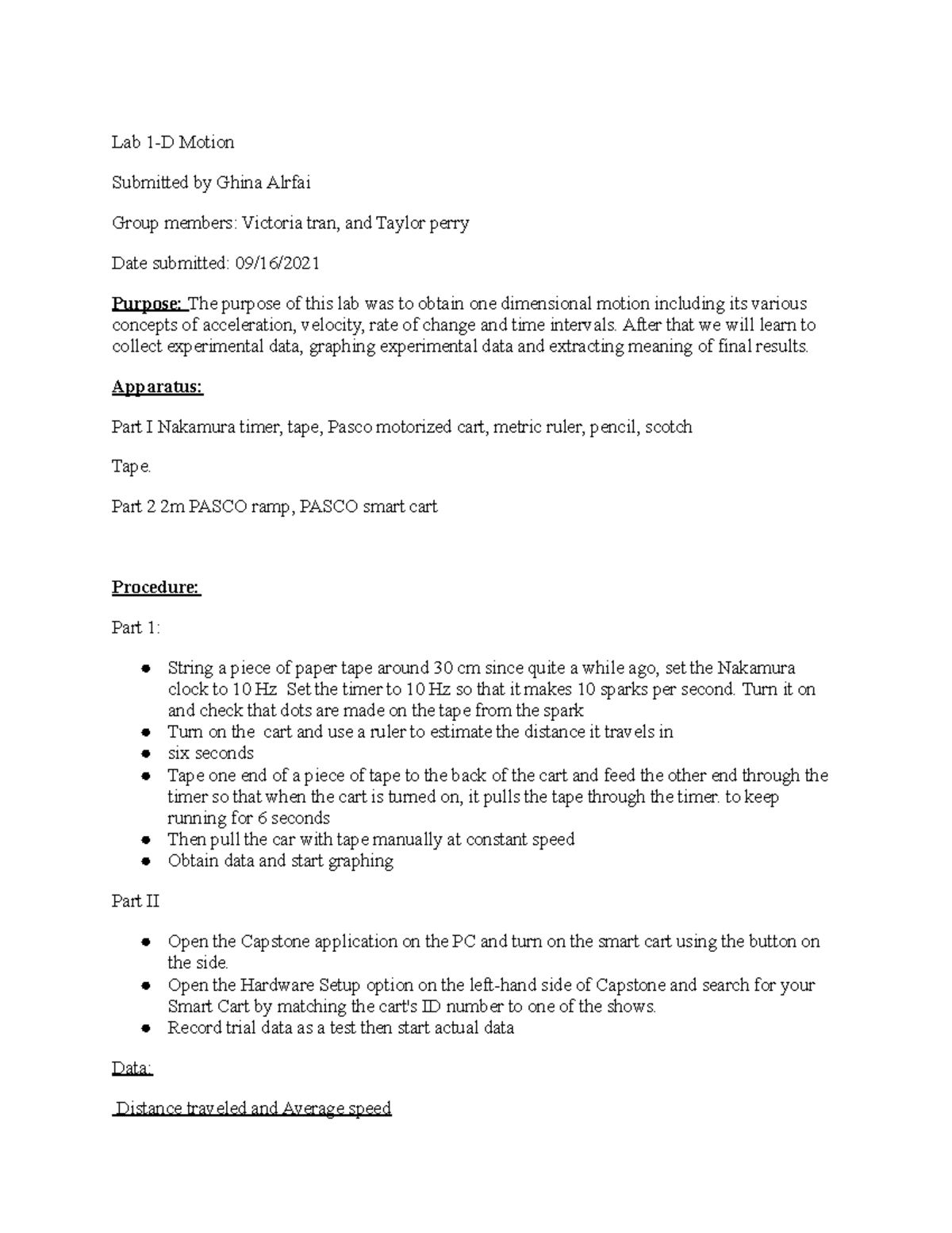 Lab 1-D Motion - physics lab - Lab 1-D Motion Submitted by Ghina Alrfai ...