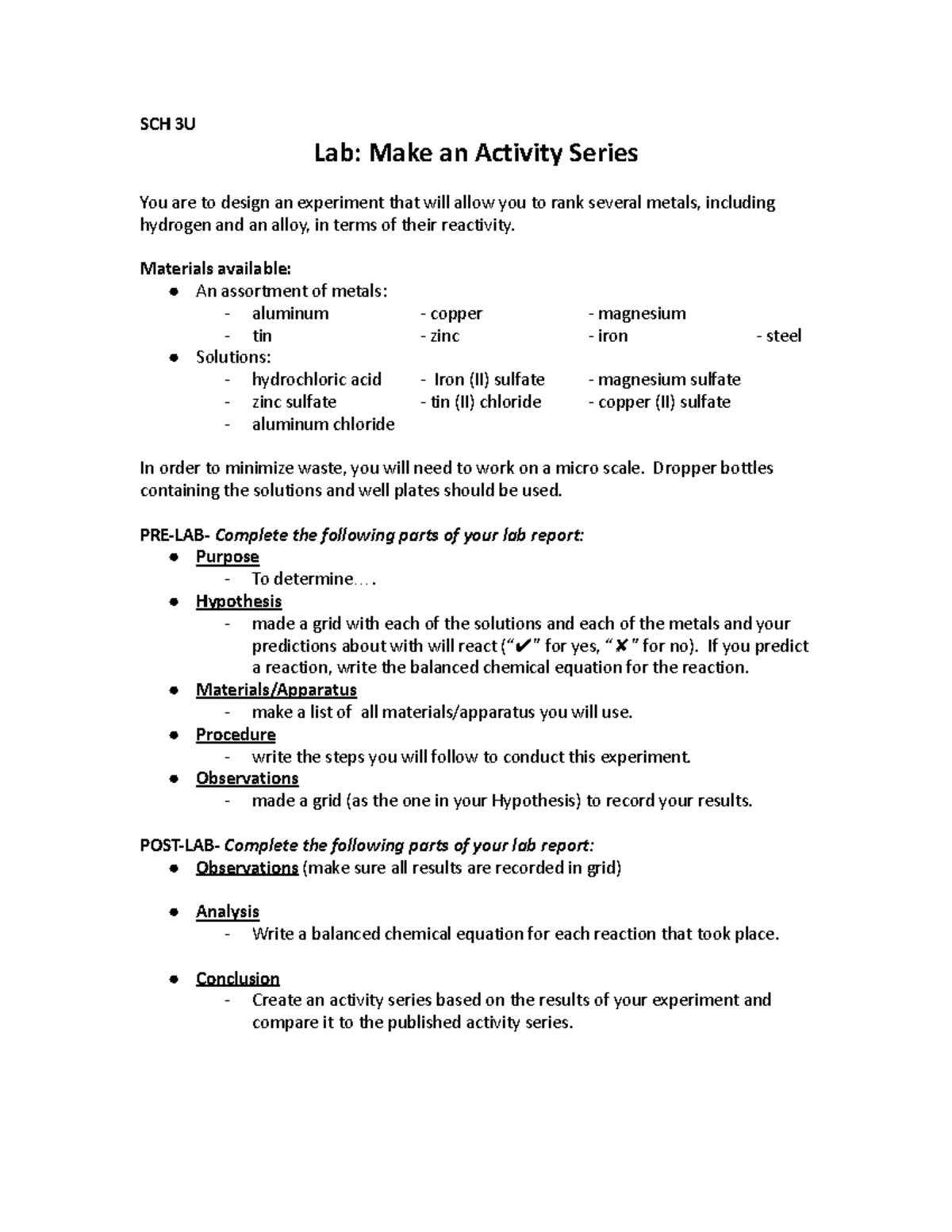 05- LAB Activity Series - SCH 3U Lab: Make an Activity Series You are ...