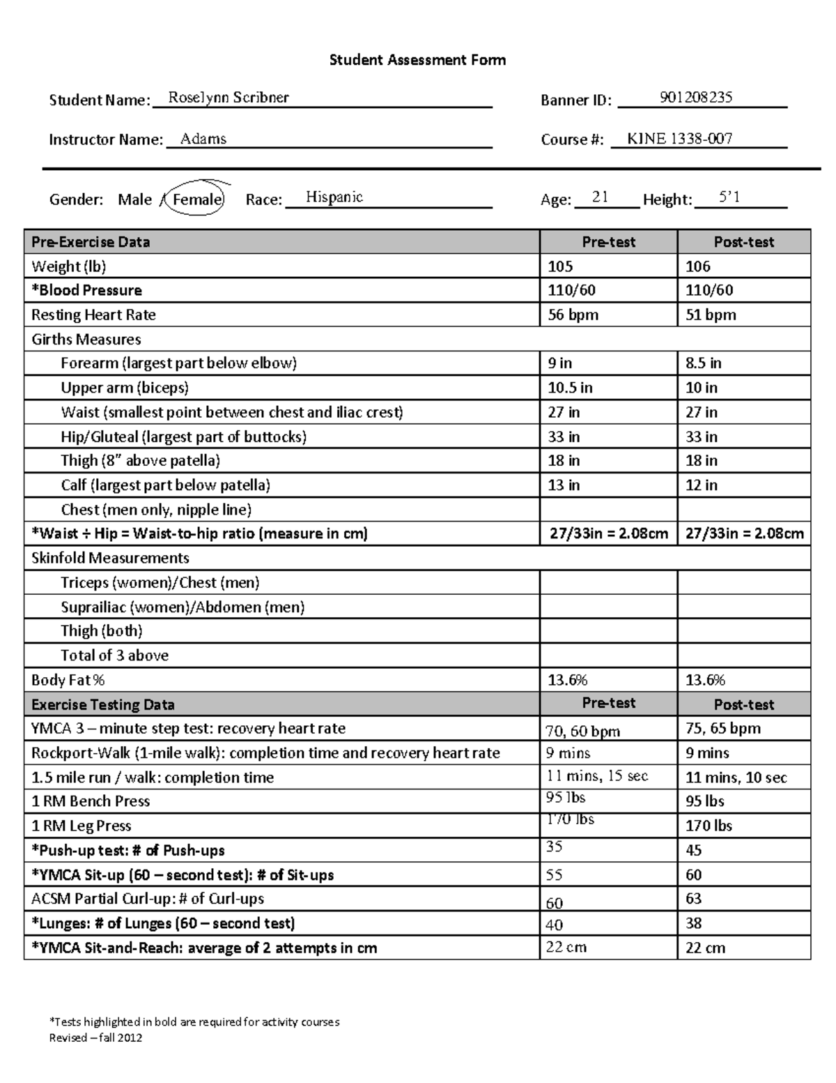 Concepts - Pretest & POST-TEST FORM - *Tests highlighted in bold are ...