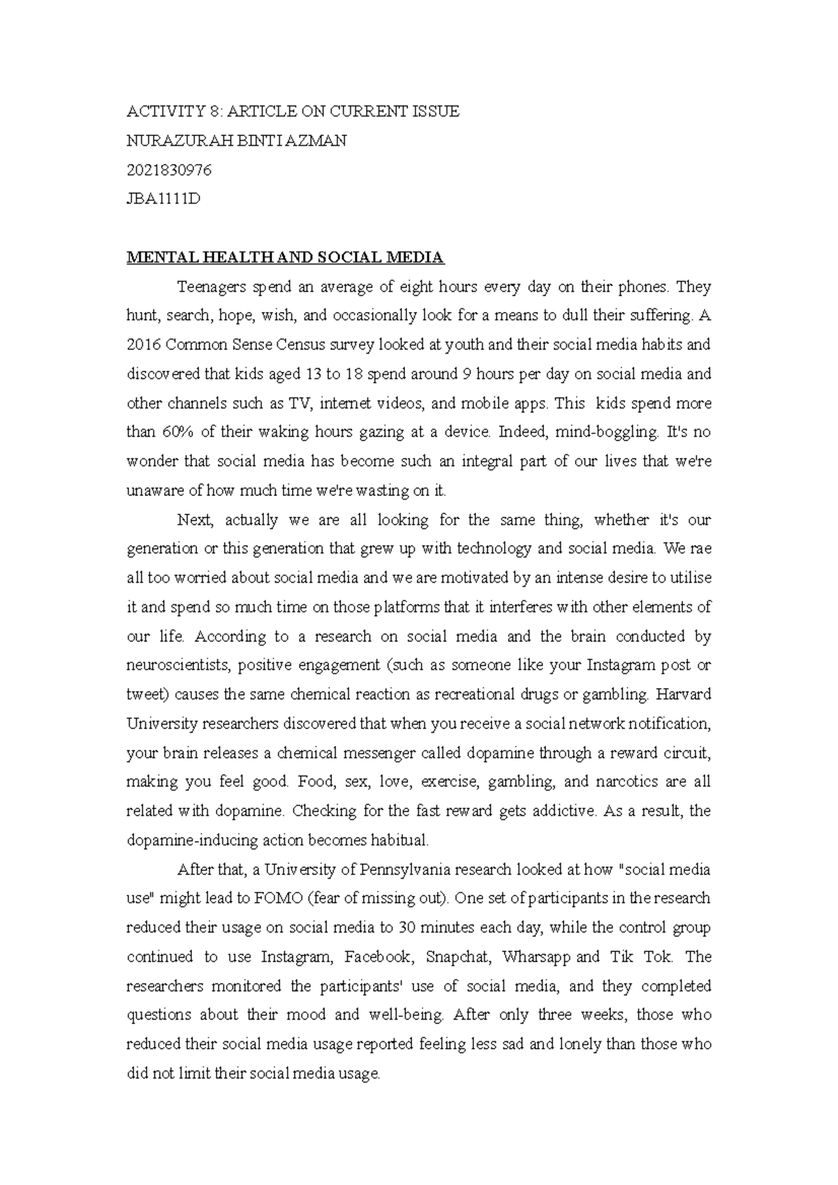 Article ON Current Issue - ACTIVITY 8: ARTICLE ON CURRENT ISSUE ...