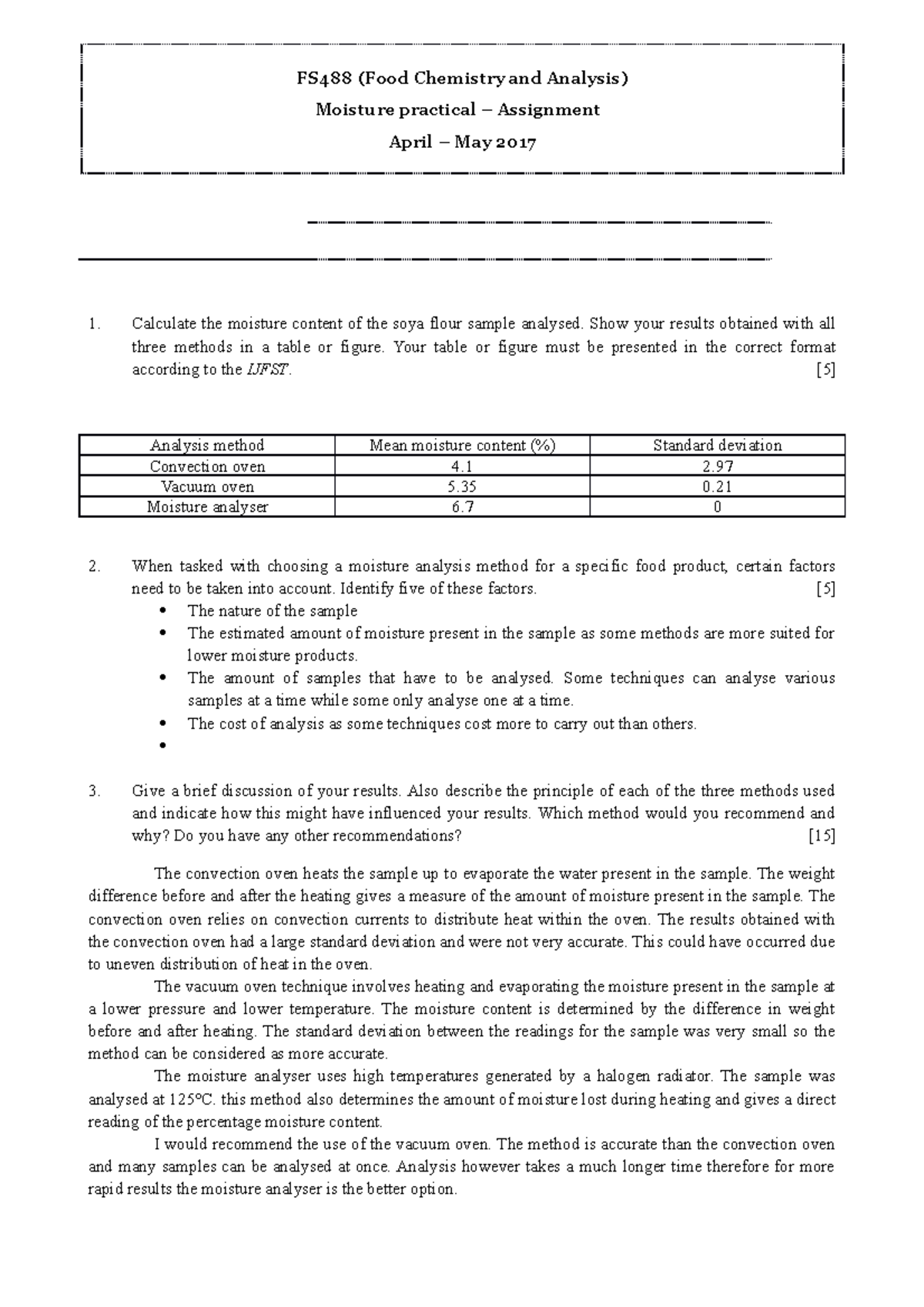 Water Assignment - FS488 (Food Chemistry and Analysis) Moisture ...
