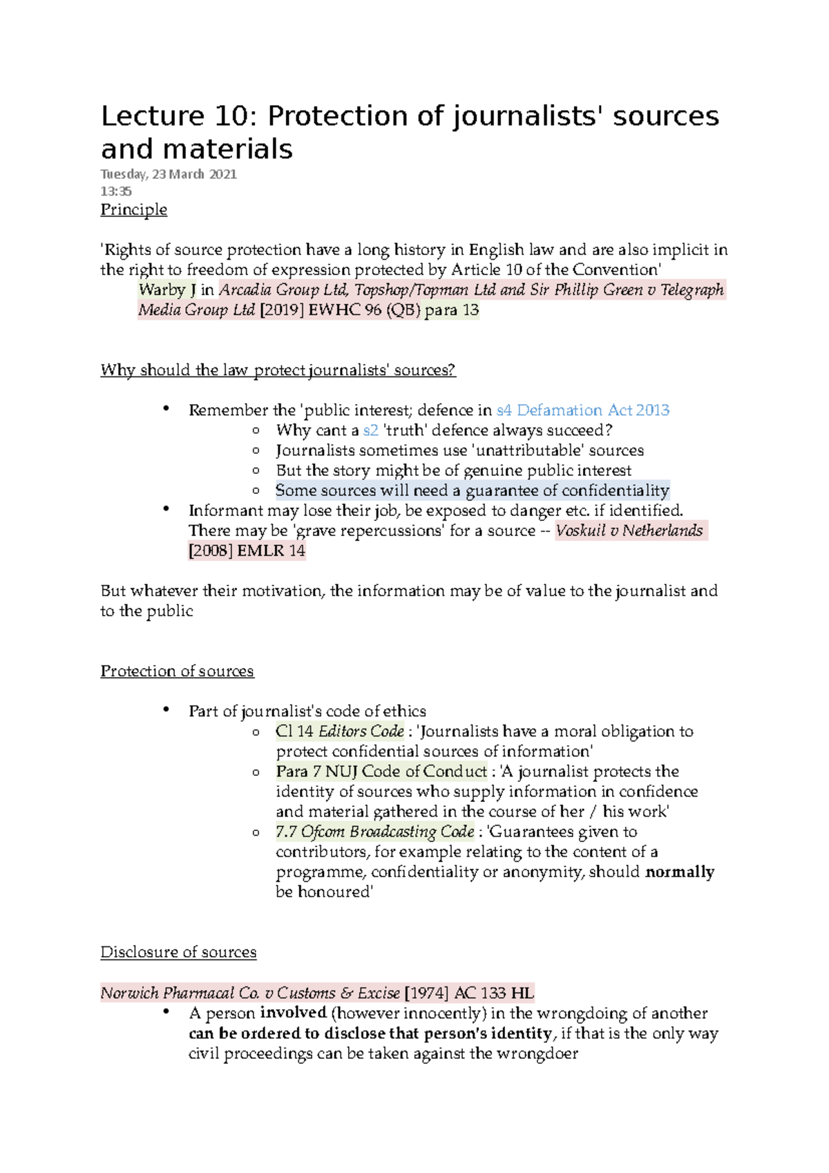 Protection of journalists' sources and materials - Lecture 10 ...