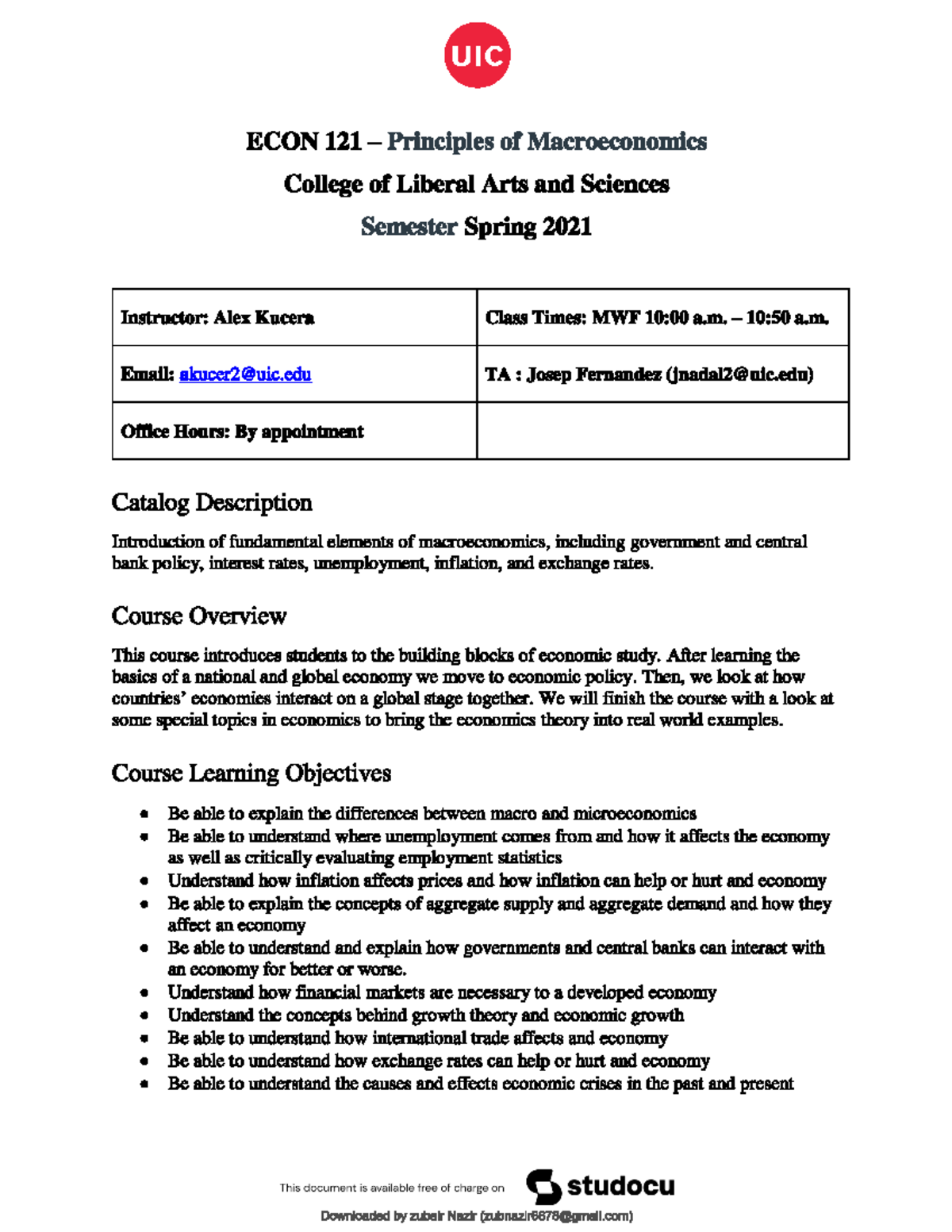 ECON 121 Course Outline - ECON 121 - Studocu