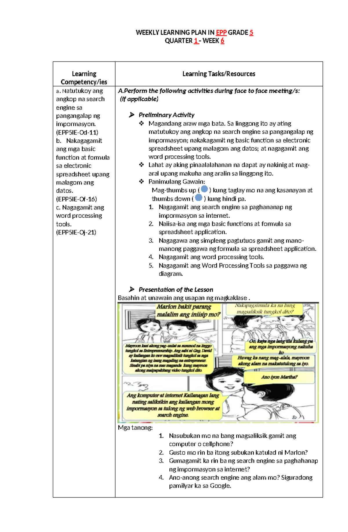 WLP in EPP 5 Q1 Week 8 - Weekly Learning Plan - WEEKLY LEARNING PLAN IN ...