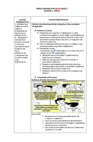 WLP in EPP 5 Q1 Week 1 - Weekly Learning Plan - WEEKLY LEARNING PLAN IN ...