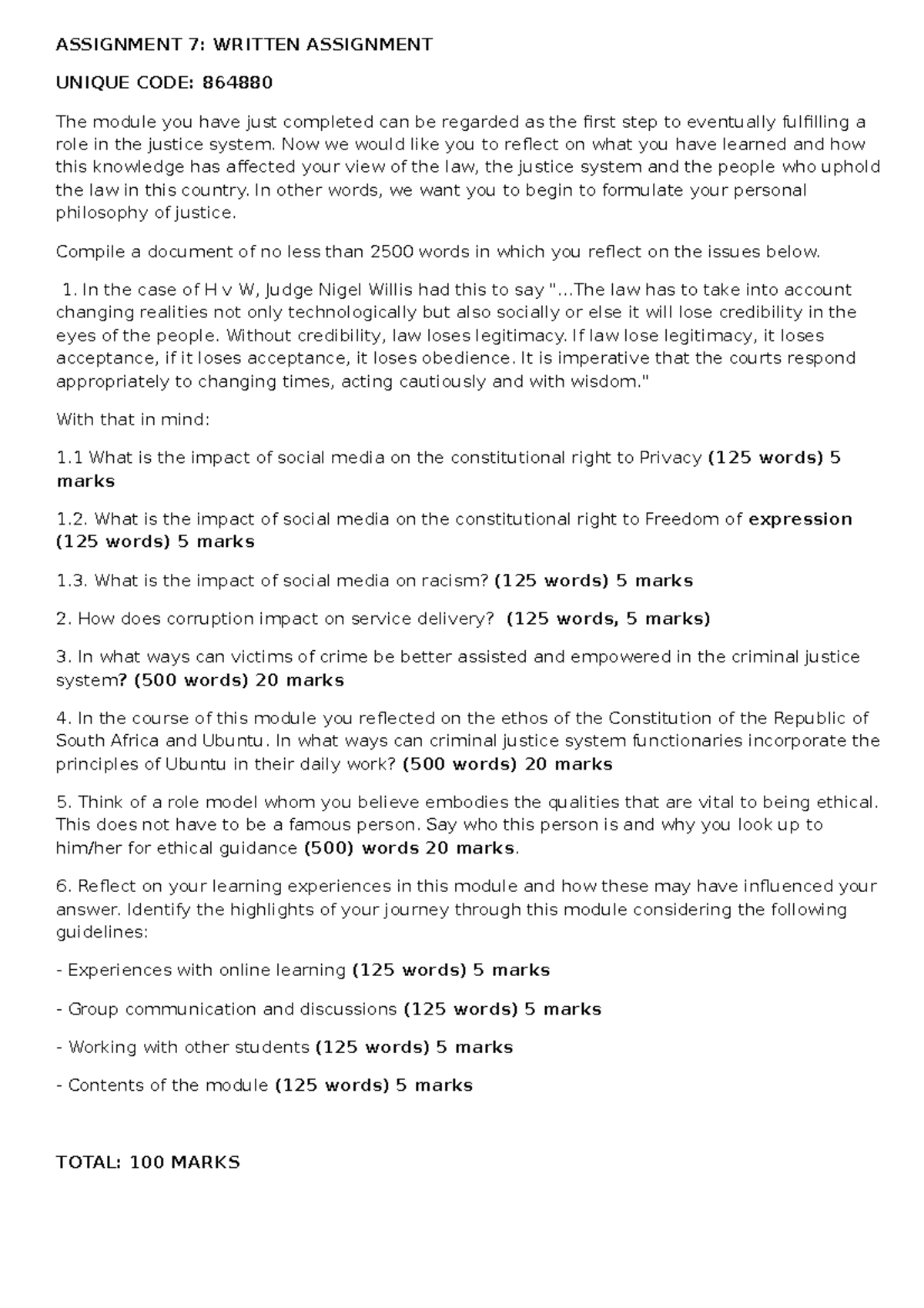 Assignment 7 - 864880 - ASSIGNMENT 7: WRITTEN ASSIGNMENT UNIQUE CODE ...