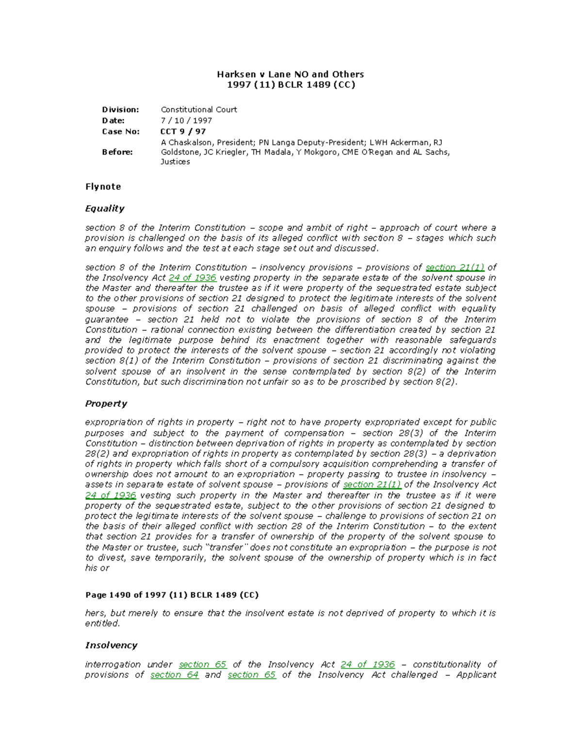2.Harksen v Lane NO and OthersEquality section 8 of the Interim ...