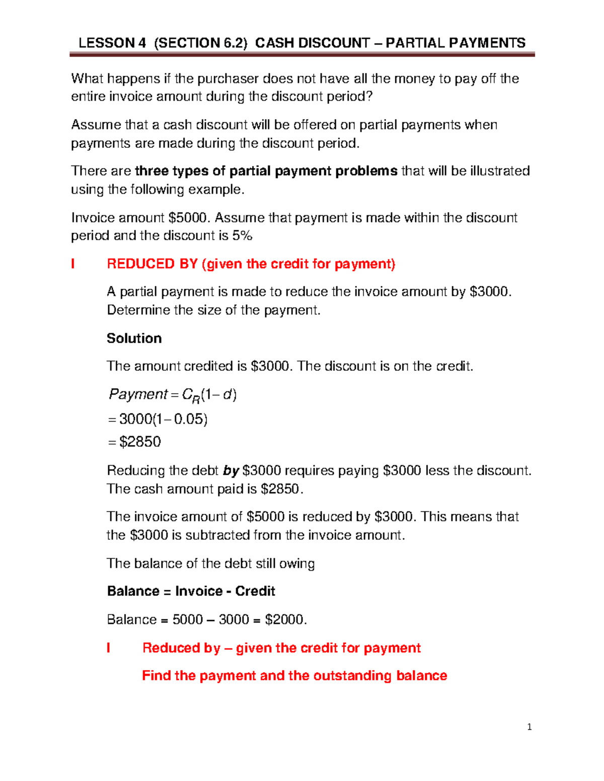 Lesson 4 6.2 CASH Discount - Partial Payments - MATH-119 - Centennial ...