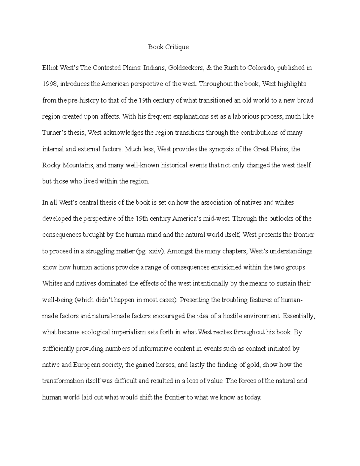 Book Critique - Book Critique Elliot West’s The Contested Plains ...