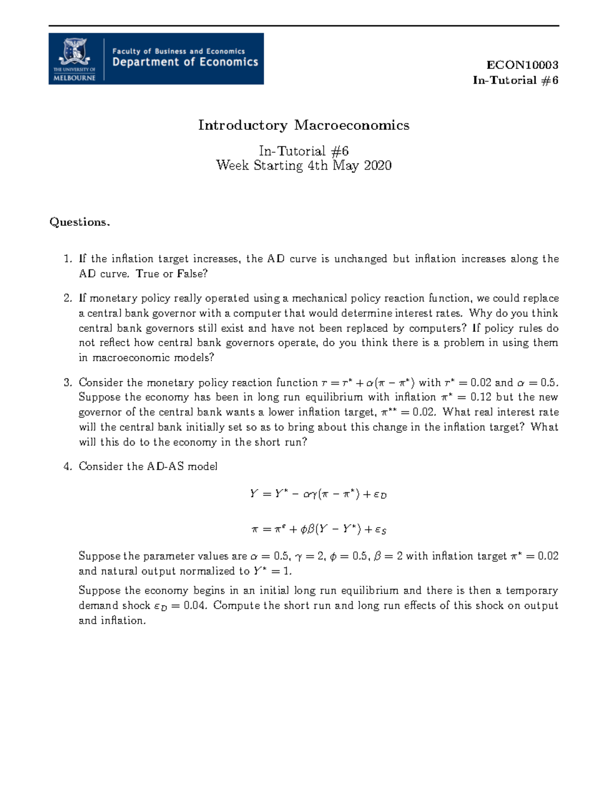 In tutorial 6 - Week 6 - ECON In-Tutorial # Introductory Macroeconomics In-Tutorial Week ...