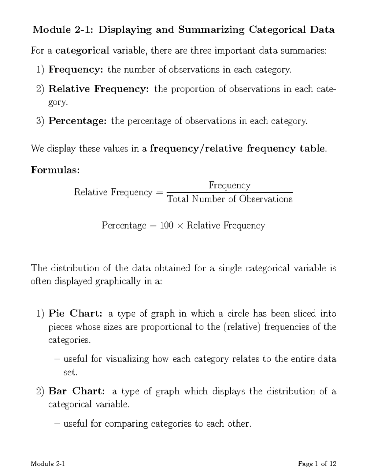 Module 2-1 Annotated - Module 2-1: Displaying and Summarizing Categorical Data For a categorical ...