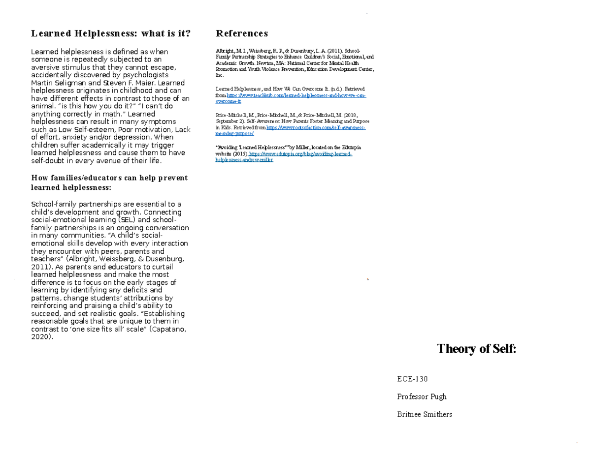 Brochure-complete - theory of self brochure - Learned Helplessness: what is it? Learned ...