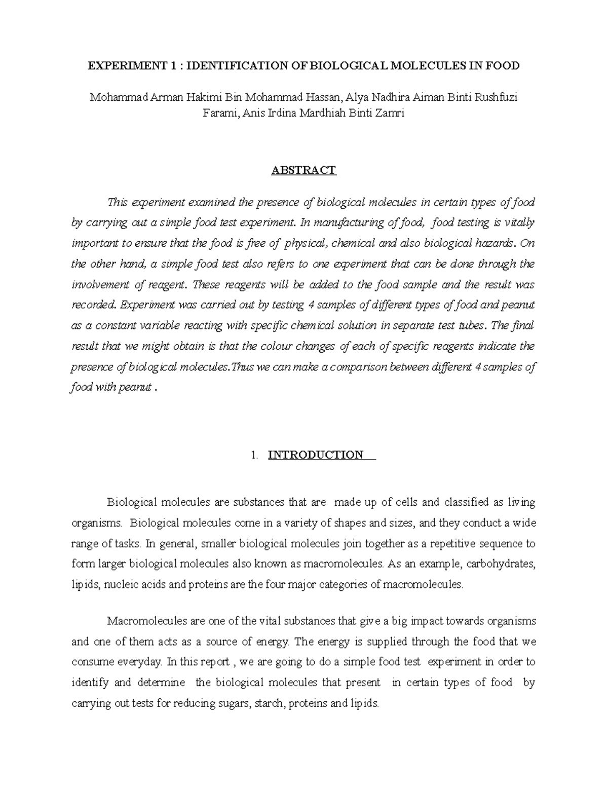 BIO091 LAB Report OF Experiment 1 - EXPERIMENT 1 : IDENTIFICATION OF ...