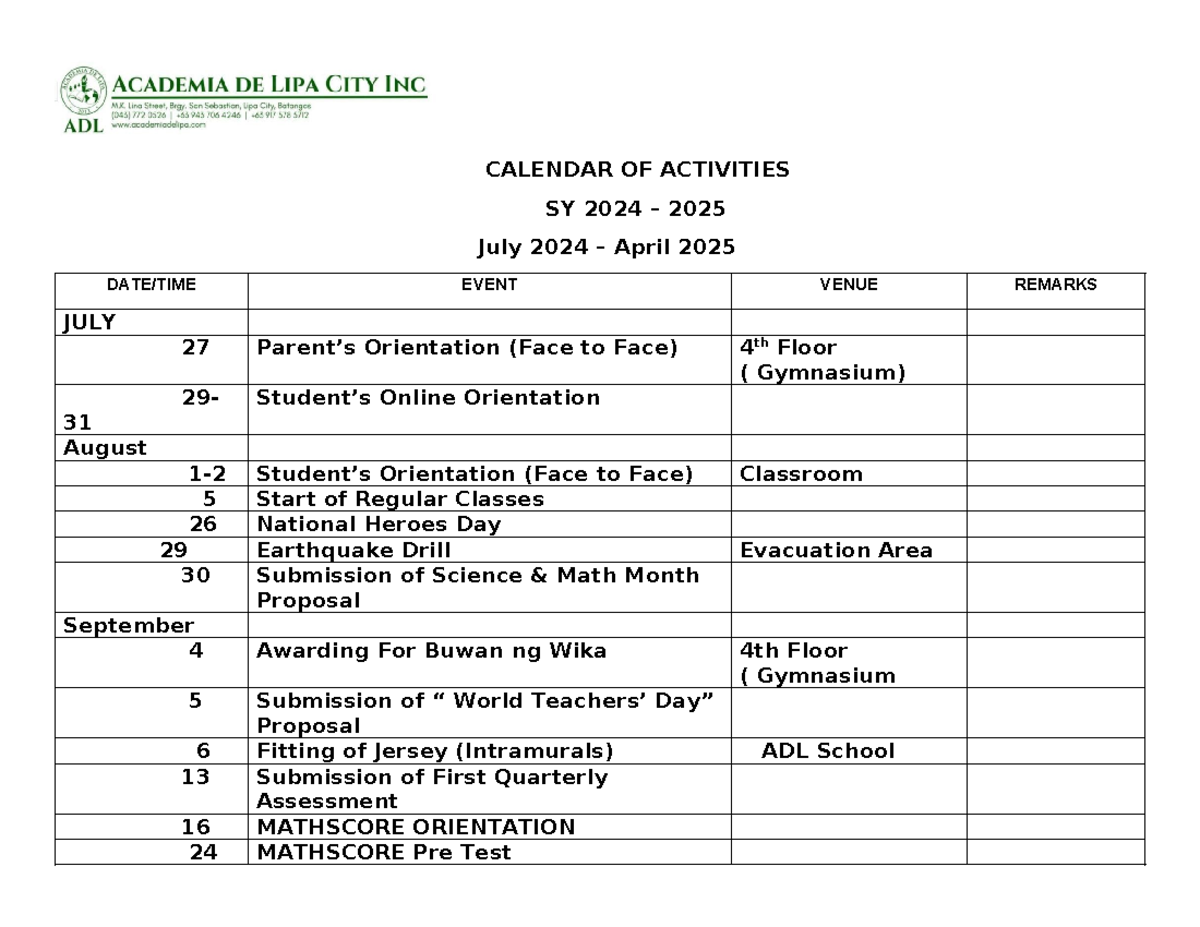Calendar-OF- Activities - CALENDAR OF ACTIVITIES SY 2024 – 2025 July ...