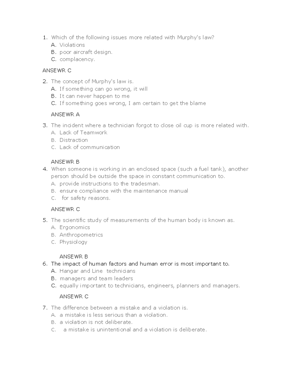 HR-R Questions - Human factors for Aviation maintenance training course ...
