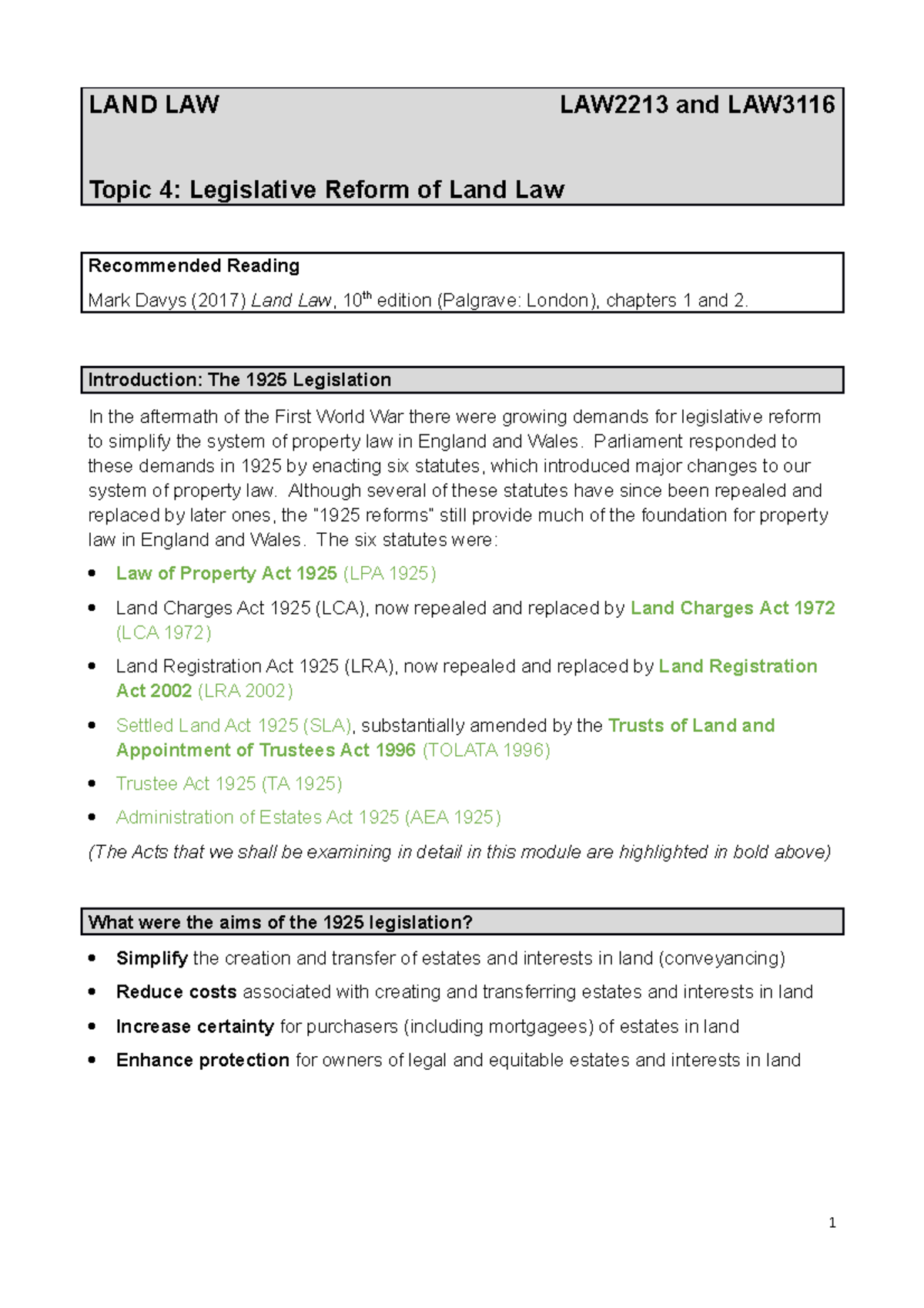 Legislative Reform of Land Law - LAND LAW LAW2213 and LAW Topic 4 ...