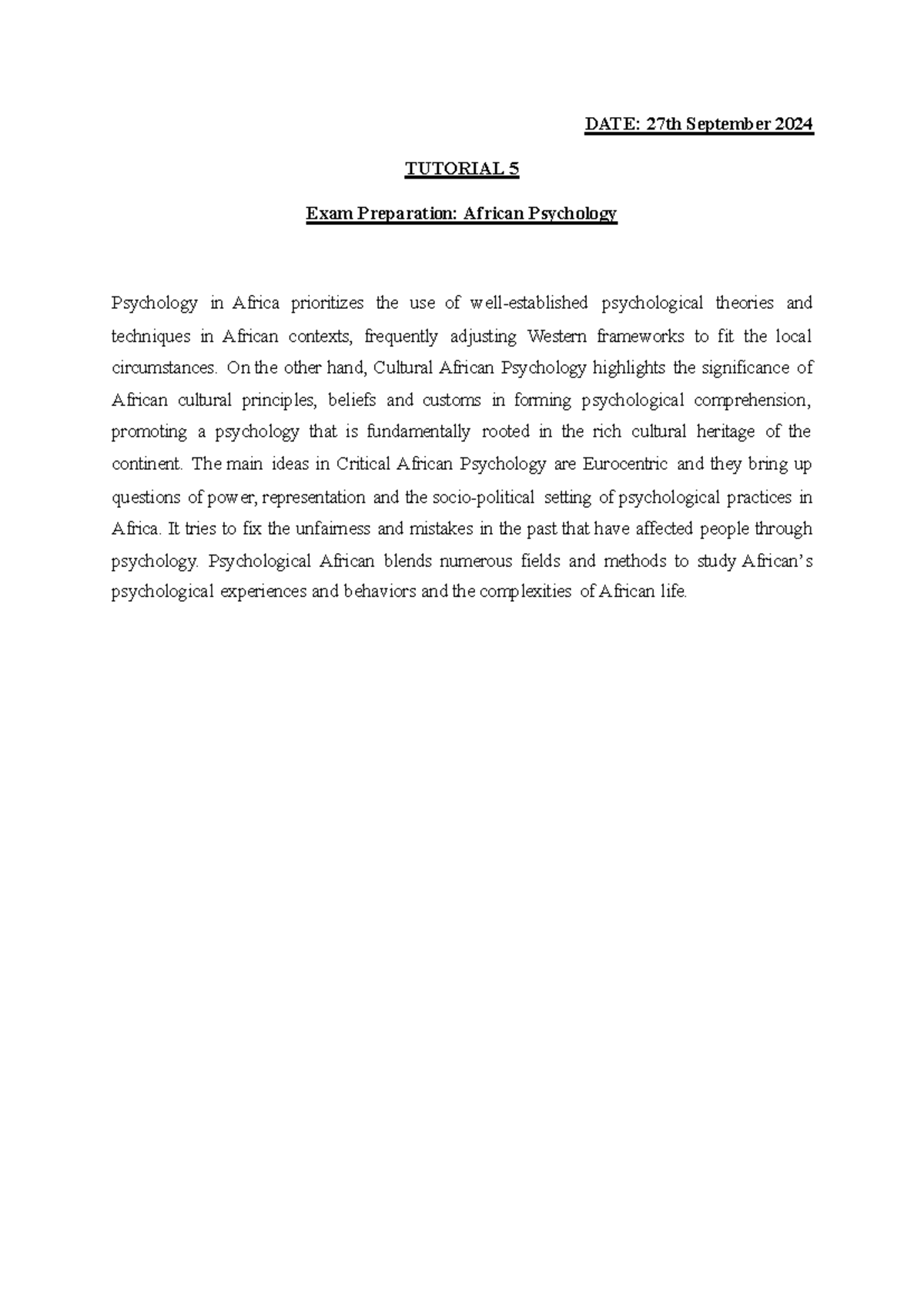 Tut 5 psy - weekly psychological tutorials - DATE: 27th September 2024 TUTORIAL 5 Exam ...