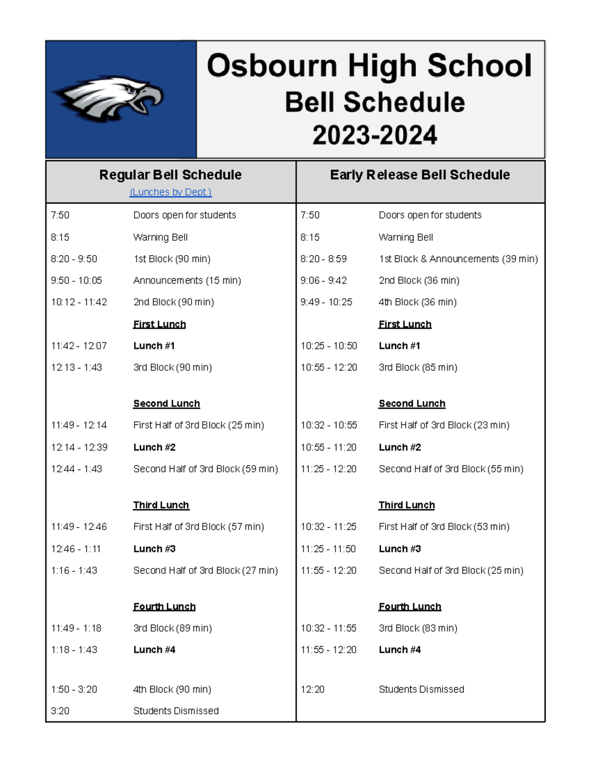 23-24 Bell Schedule - 2e2e2e2 - Regular Bell Schedule (Lunches by Dept ...