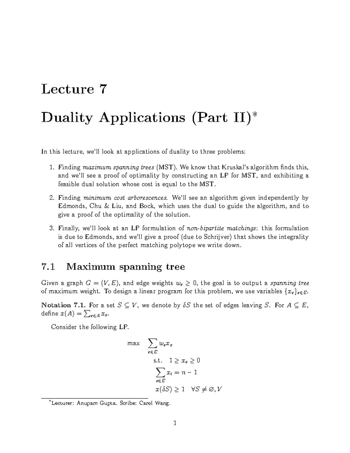 Lecture 07 Prof Is Naveen Garg Lecture 7 Duality Applications Part Ii ∗ In This Lecture