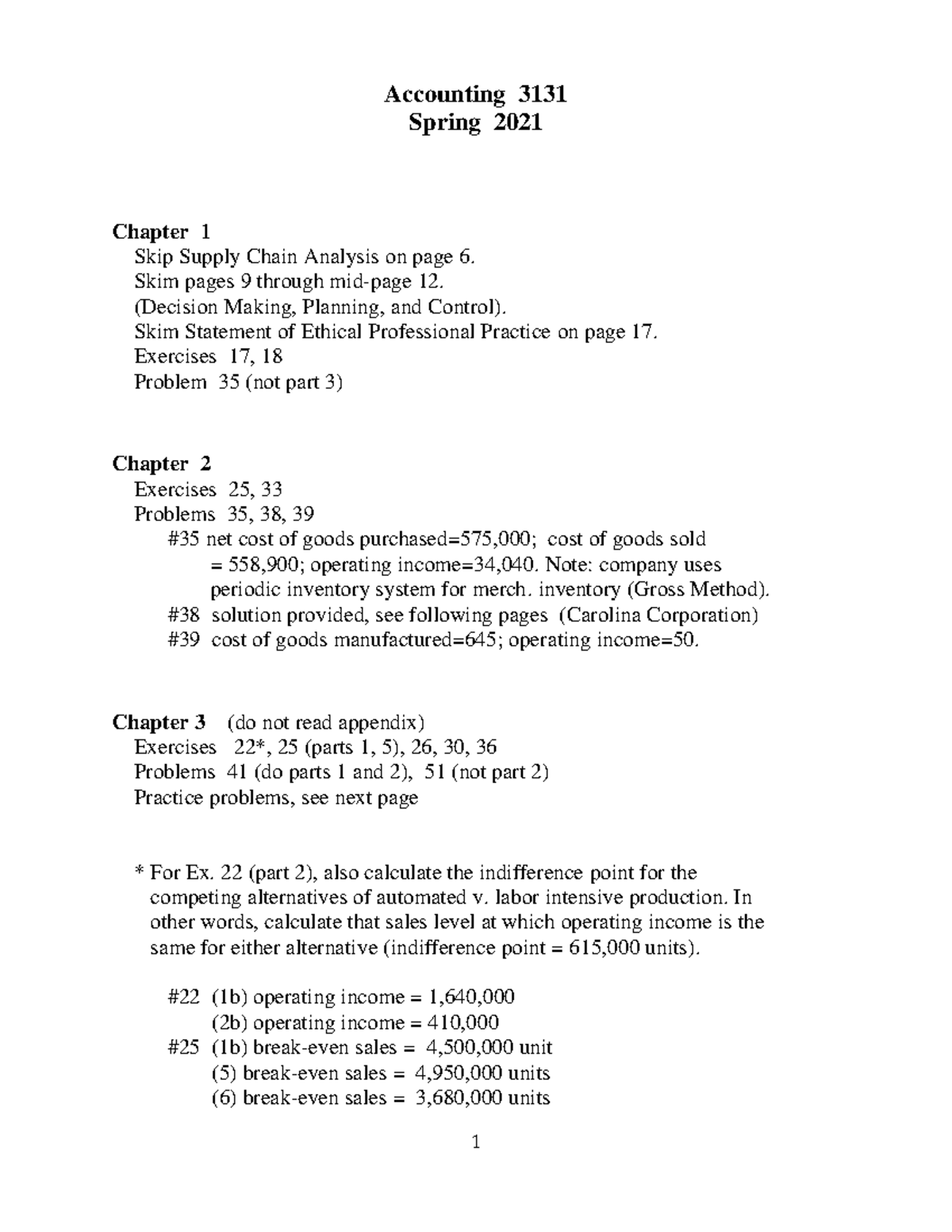 Cost Accounting Assign Chap 1 4 Spring 2021 - Accounting 3131 Spring ...