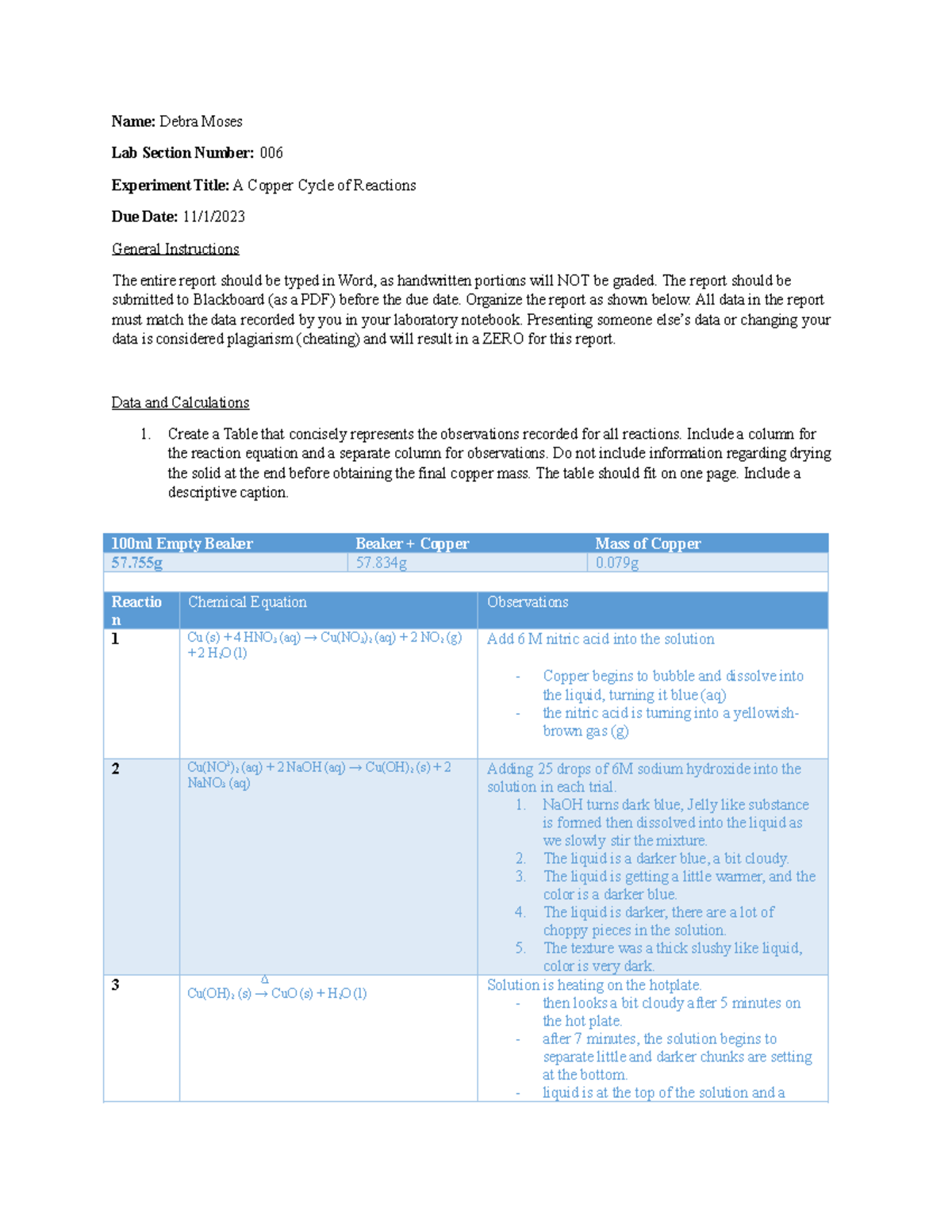 Chem lab report 8 - ... - Name: Debra Moses Lab Section Number: 006 ...