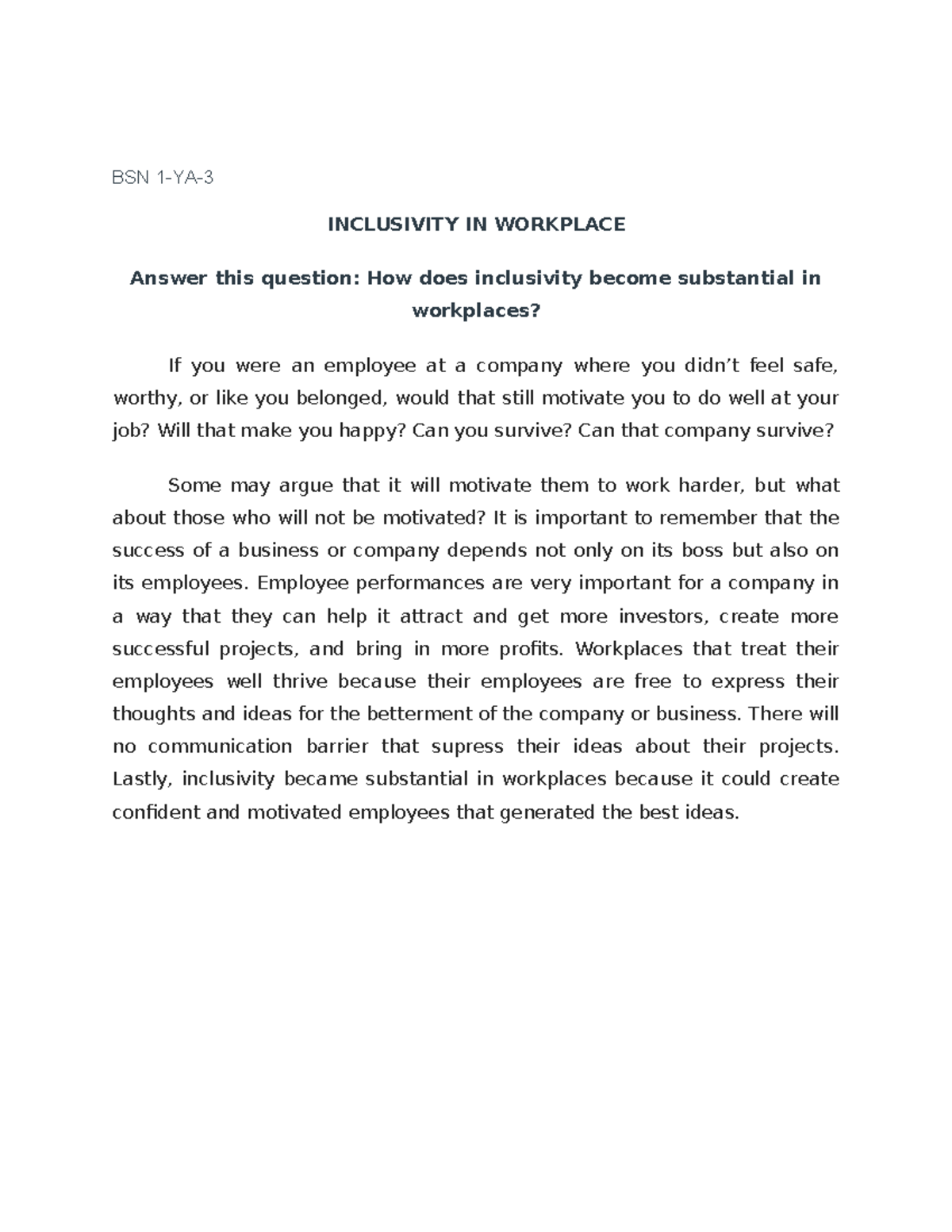 Inclusivity IN Workplace - BSN 1-YA- INCLUSIVITY IN WORKPLACE Answer ...