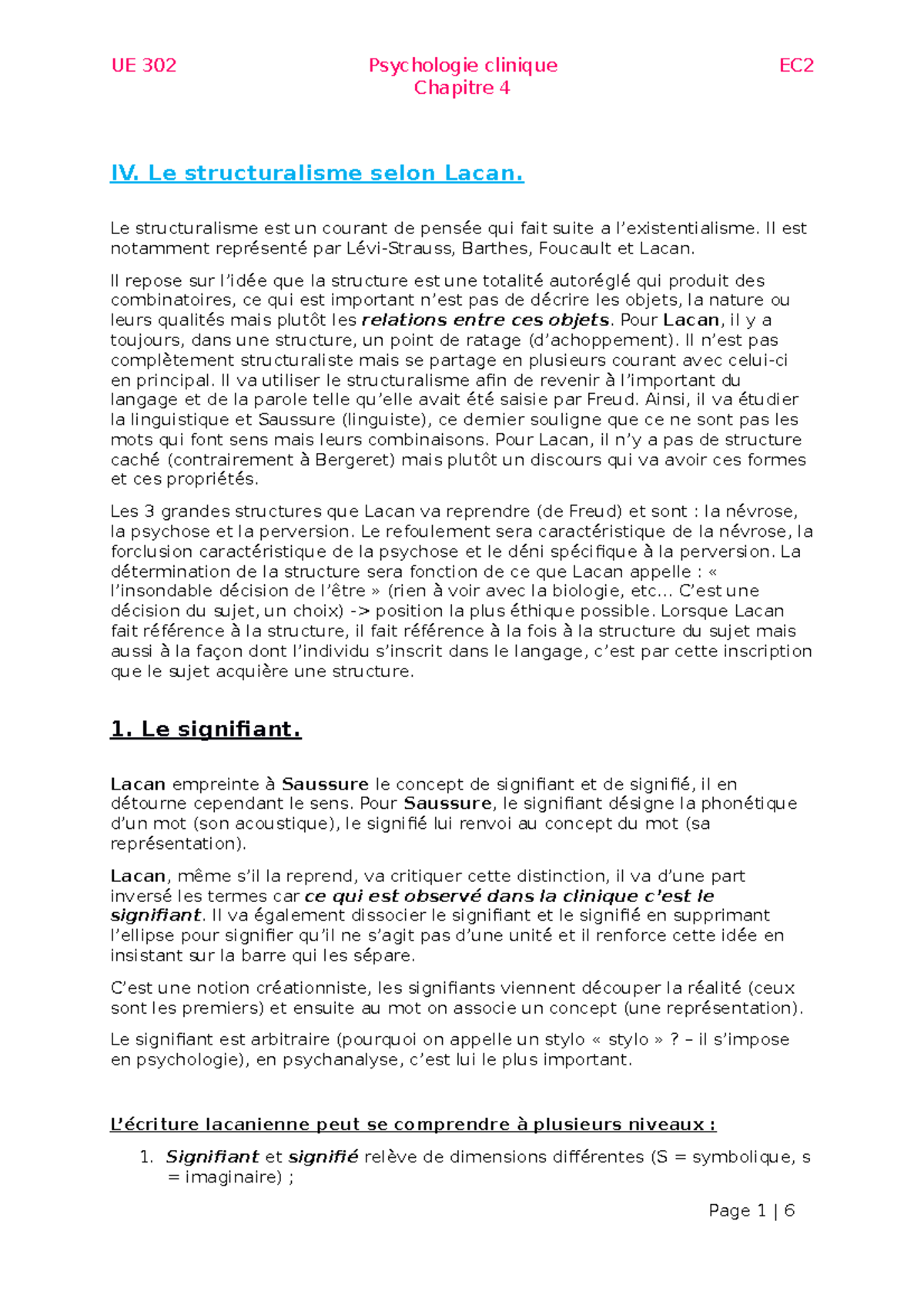 Psychologie clinique L2 - Le structuralisme selon Lacan - Chapitre 4 IV ...