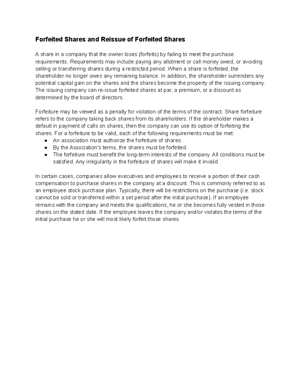 Forfeited Shares and Reissue of Forfeited Shares - Requirements may ...