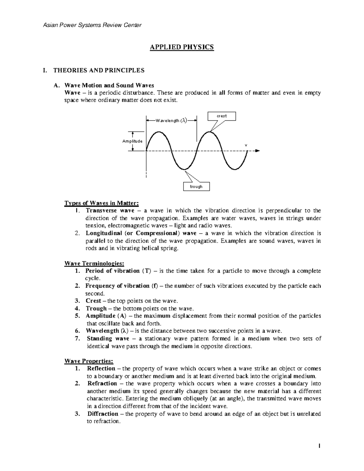 Applied Physics - Module - APPLIED PHYSICS I. THEORIES AND PRINCIPLES A. Wave Motion and Sound ...