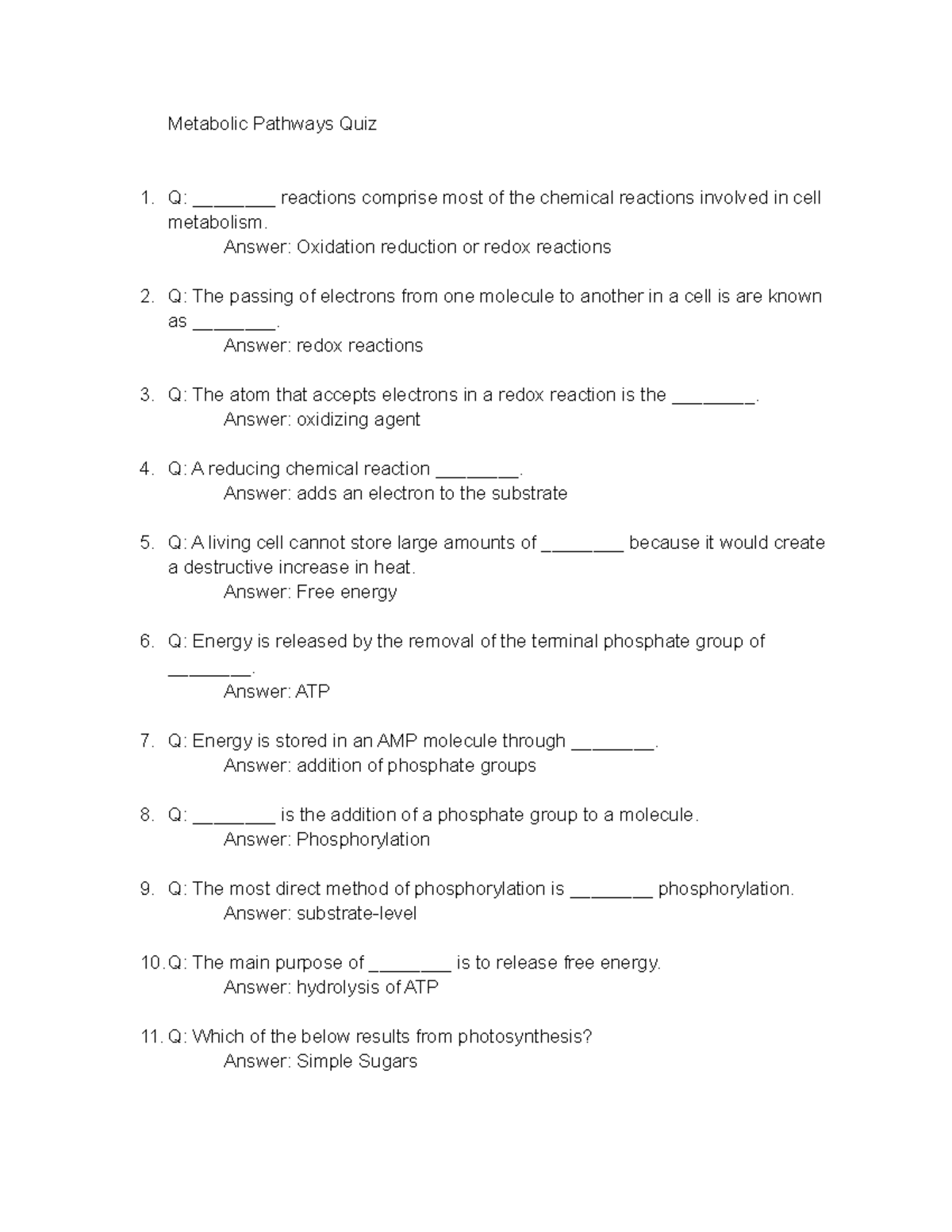 Bio 1 Metabolic Pathways - Metabolic Pathways Quiz Q ...