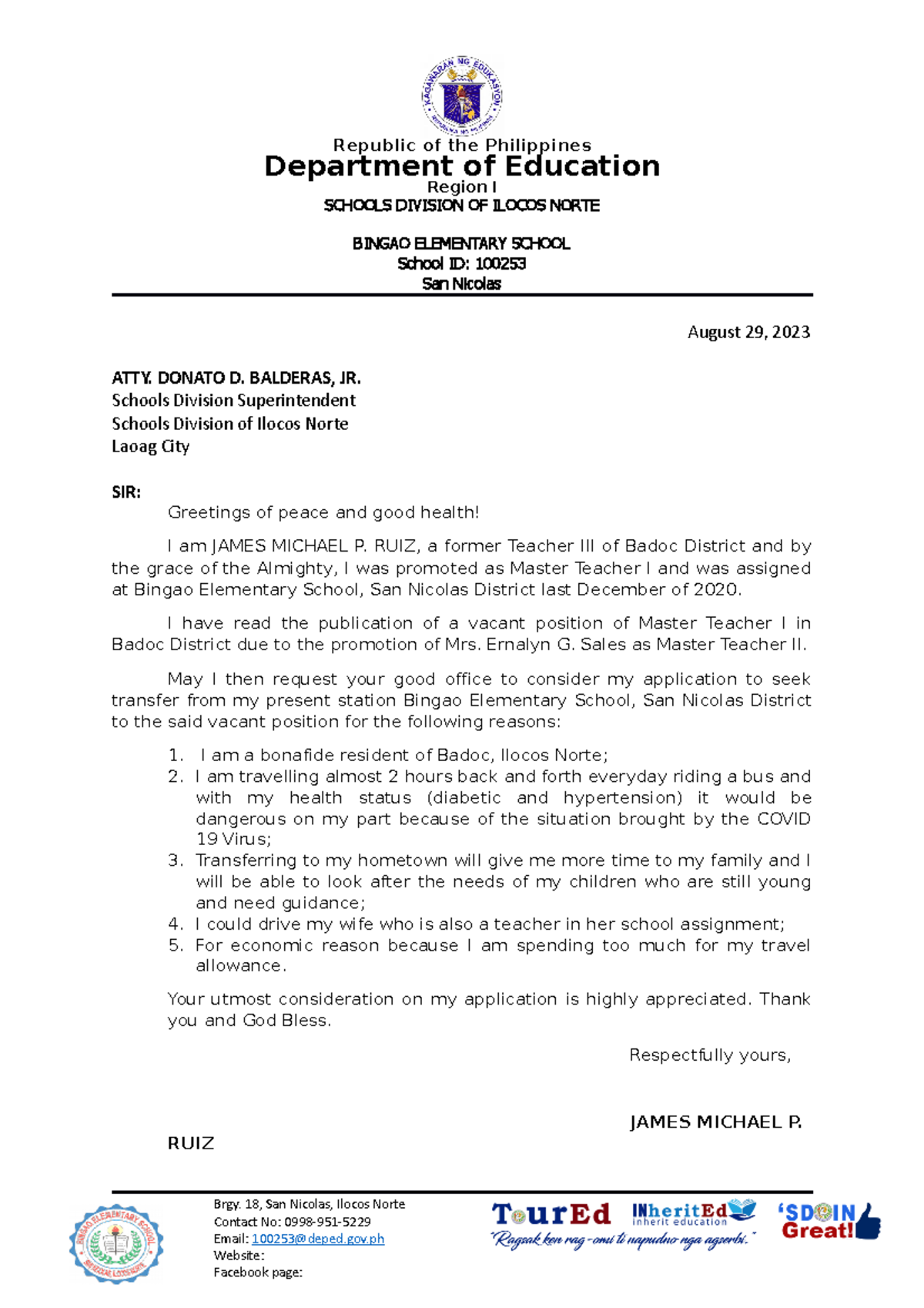 Letter of transfer JMPRuiz - Republic of the Philippines Department of ...