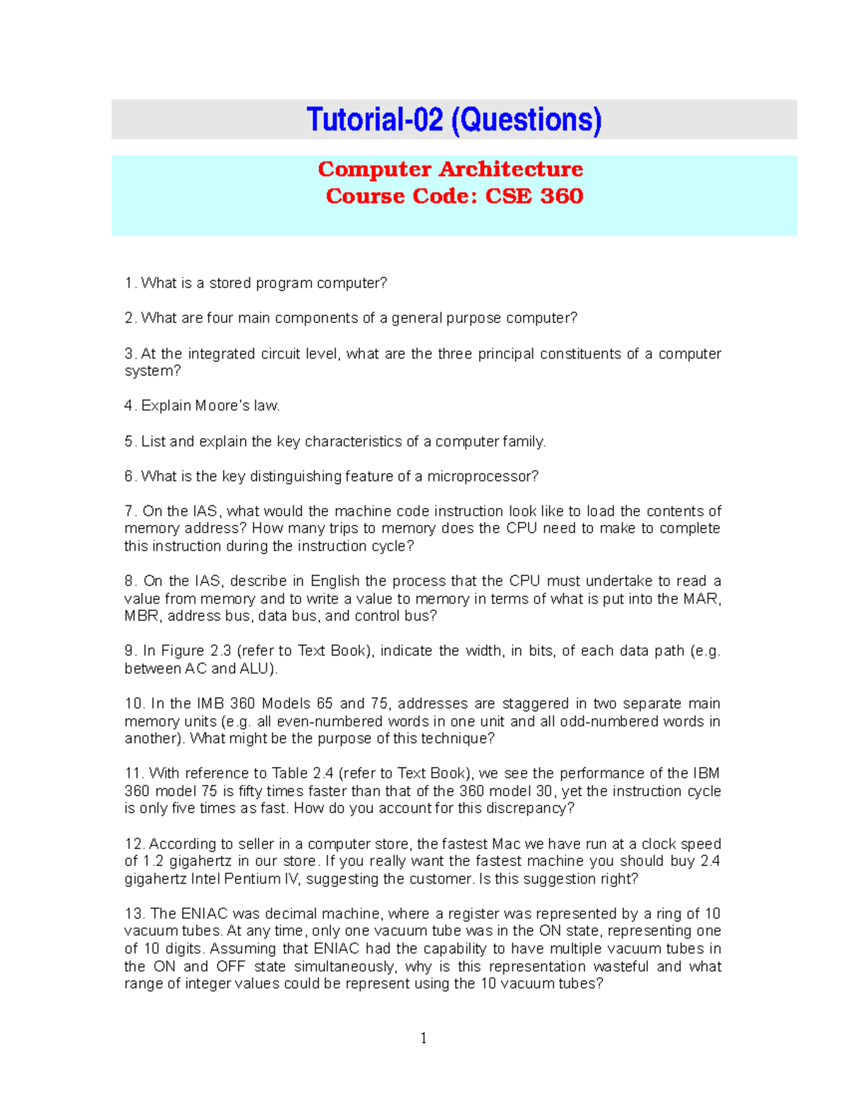 Tutorial 02 Questions - Tutorial-02 (Questions) Computer Architecture ...