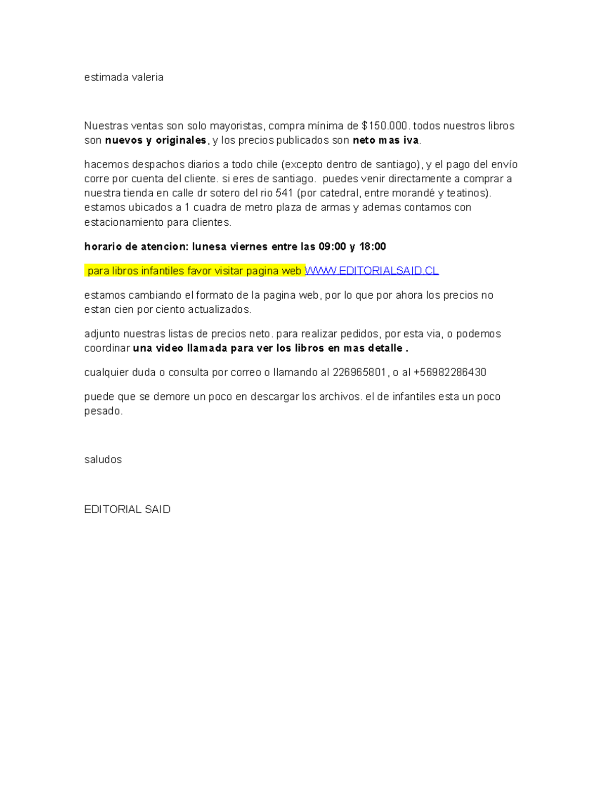 Carta clientes - estimada valeria Nuestras ventas son solo mayoristas ...