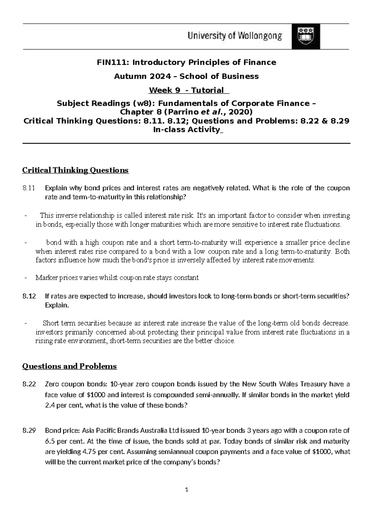FIN111 Tutorial Questions week9-Aut24 - FIN111: Introductory Principles ...