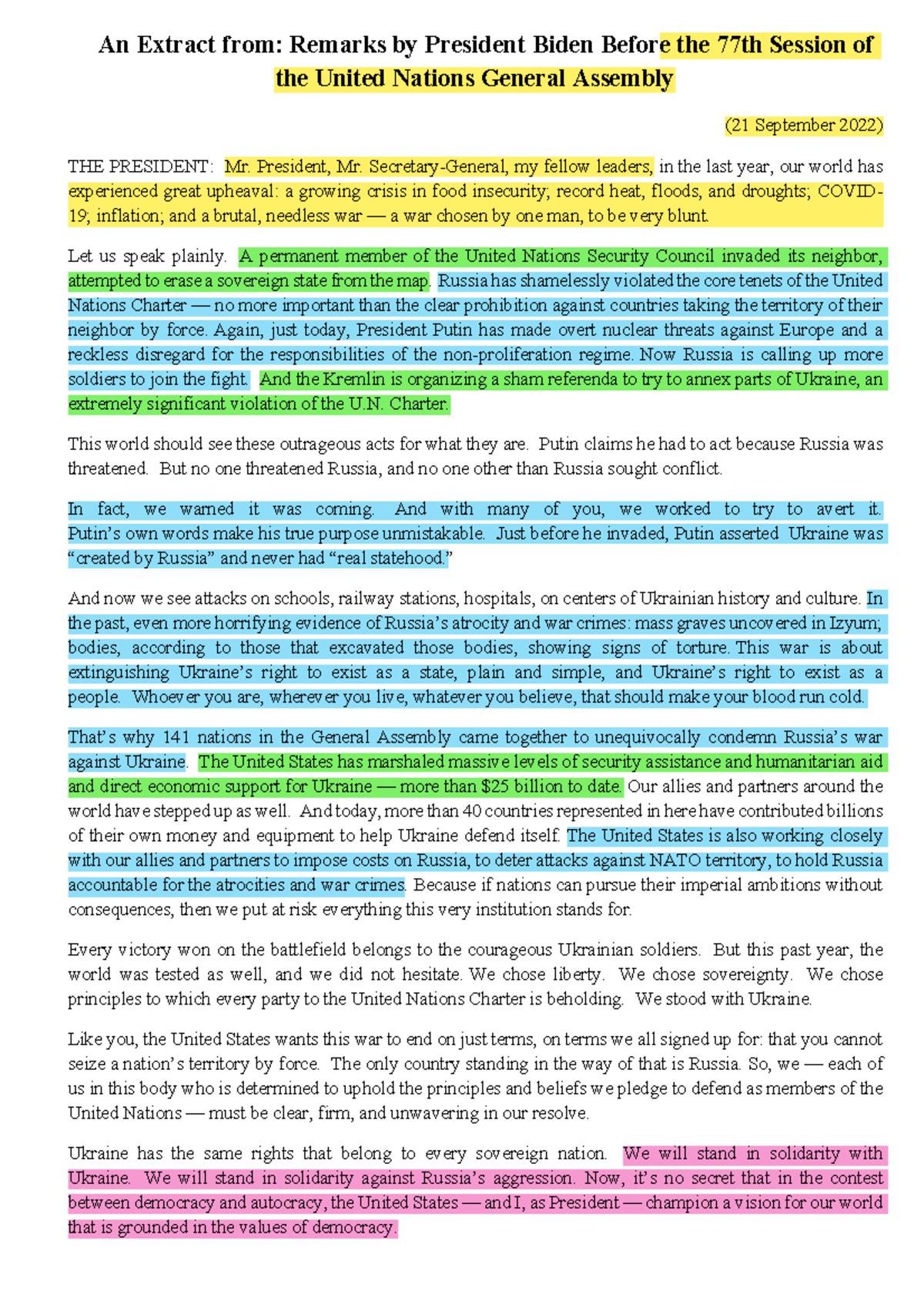 US president's speech 2022 - An Extract from: Remarks by President ...